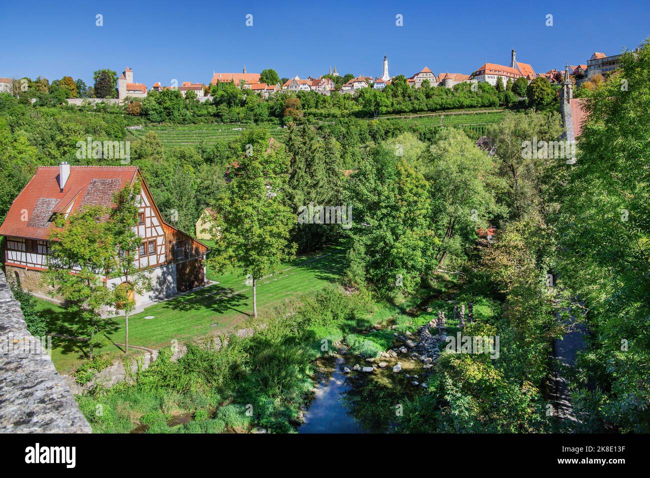 Town panorama above the valley, Rothenburg ob der Tauber, Tauber Valley ...