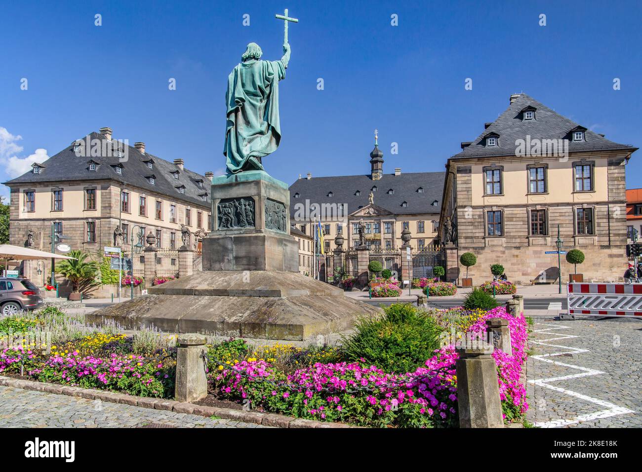 Statue of St. Boniface in front of the city palace, Fulda, Fulda River ...