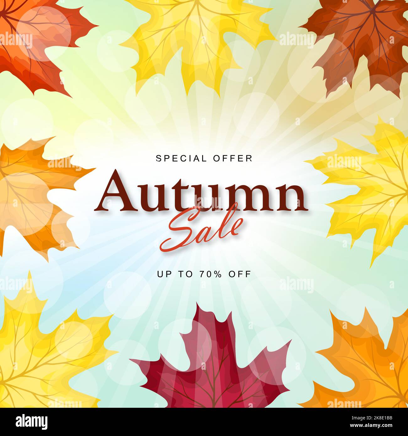 Fall sale banner with bright autumn maple leaves over vanilla sky ...