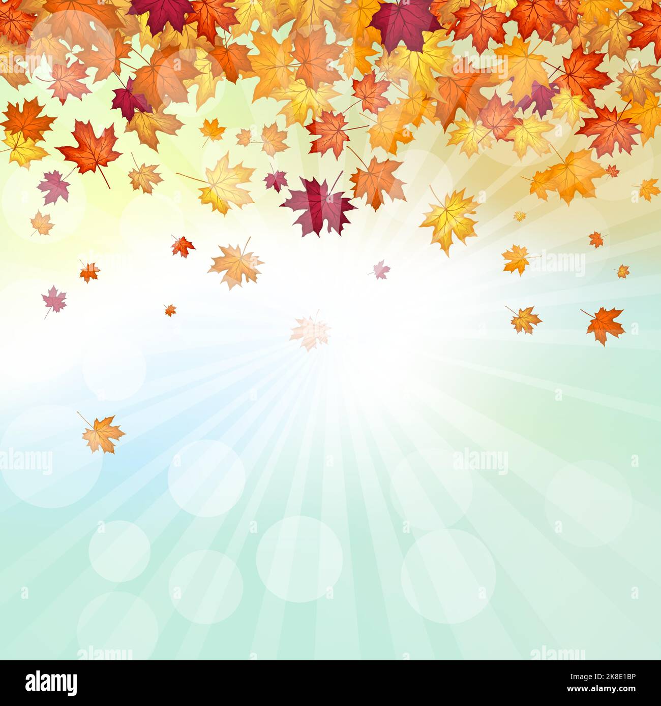 Autumn frame with blowing maple leaves over fall vanilla sky background ...