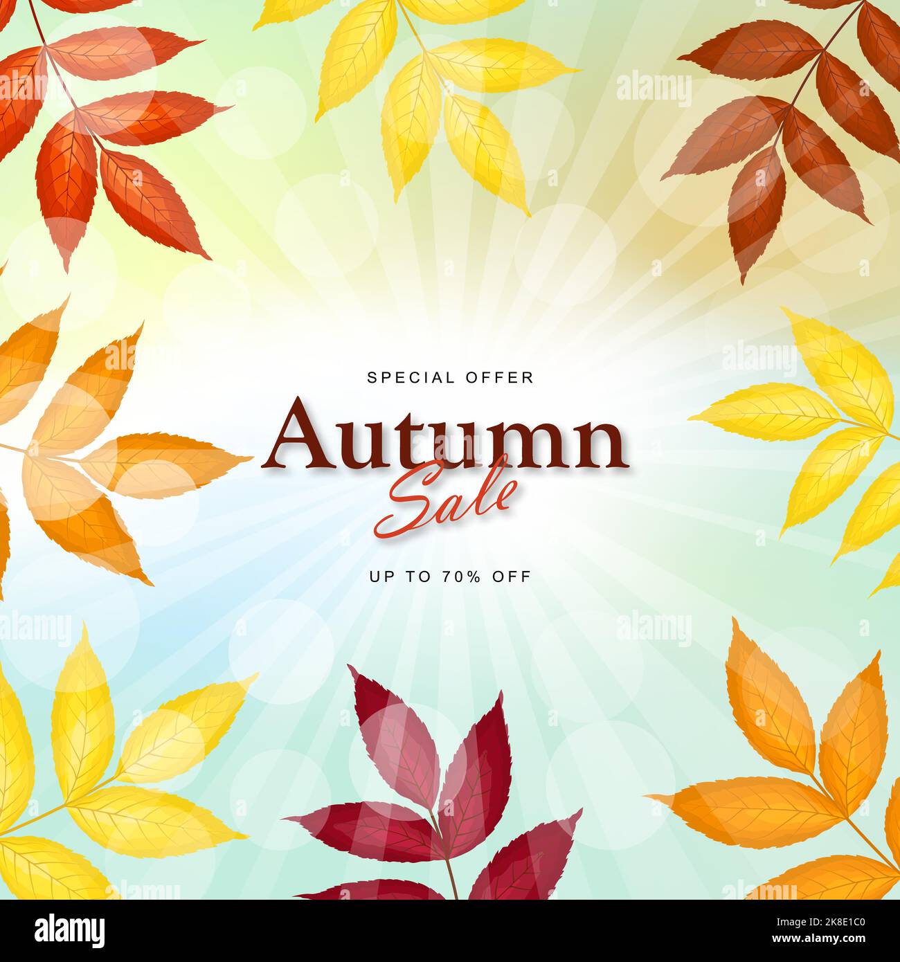 Fall sale banner with bright autumn ash-tree leaves over vanilla sky ...