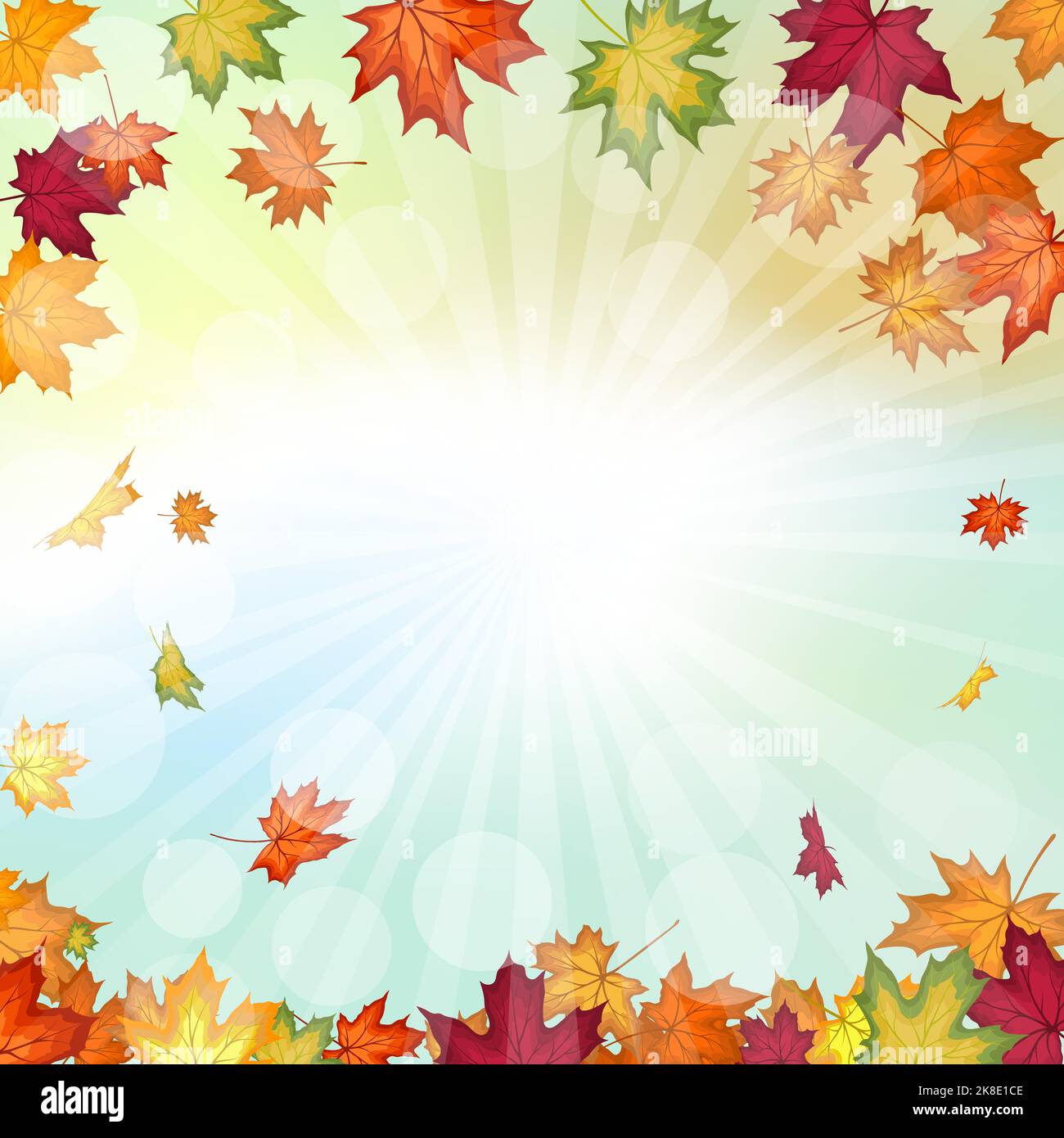 Autumn frame with blowing maple leaves over fall vanilla sky background ...