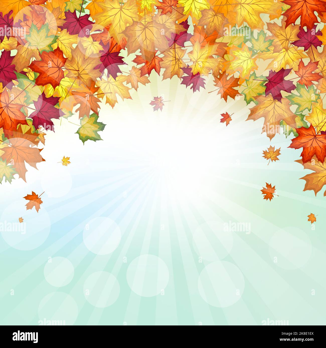 Autumn frame with blowing maple leaves over fall vanilla sky background ...
