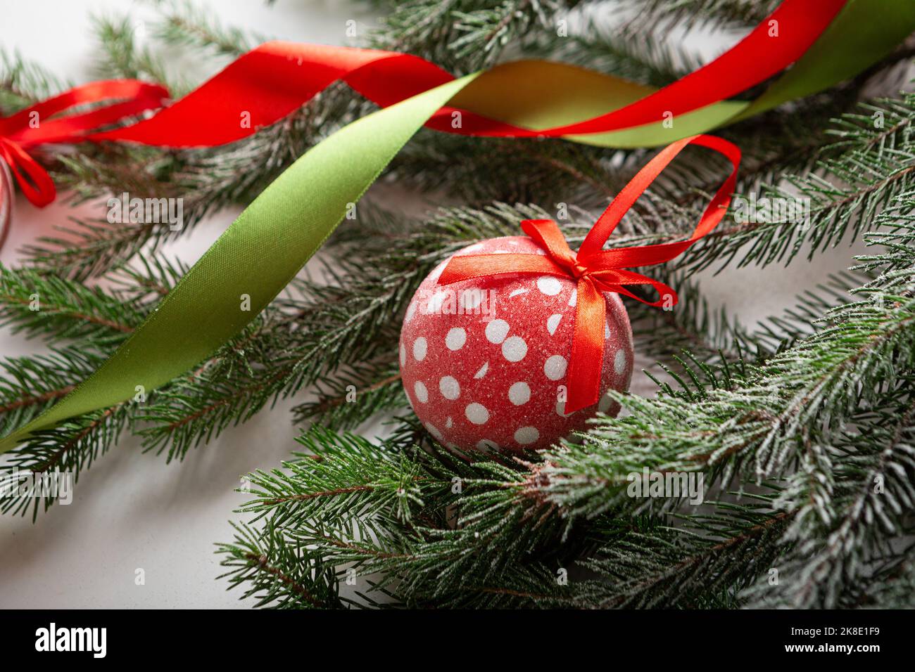 Close up of Christmas polka dots red ball and green branches holiday ...
