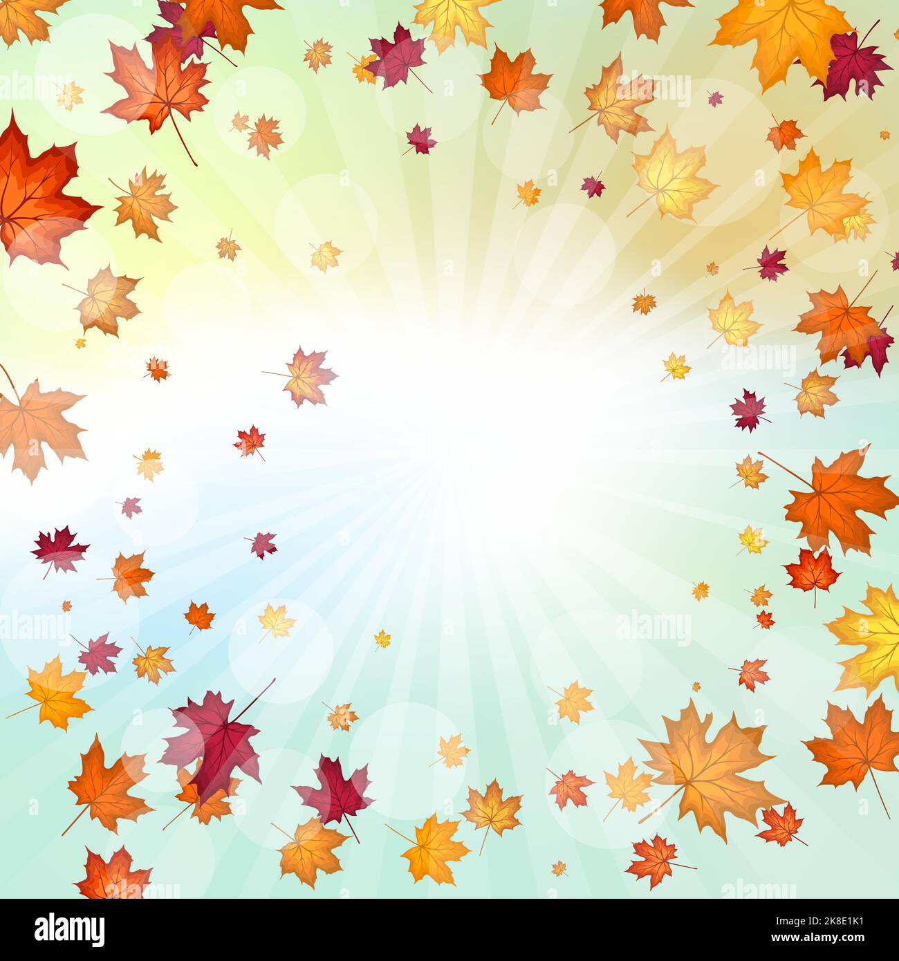 Autumn frame with blowing maple leaves over fall vanilla sky background ...