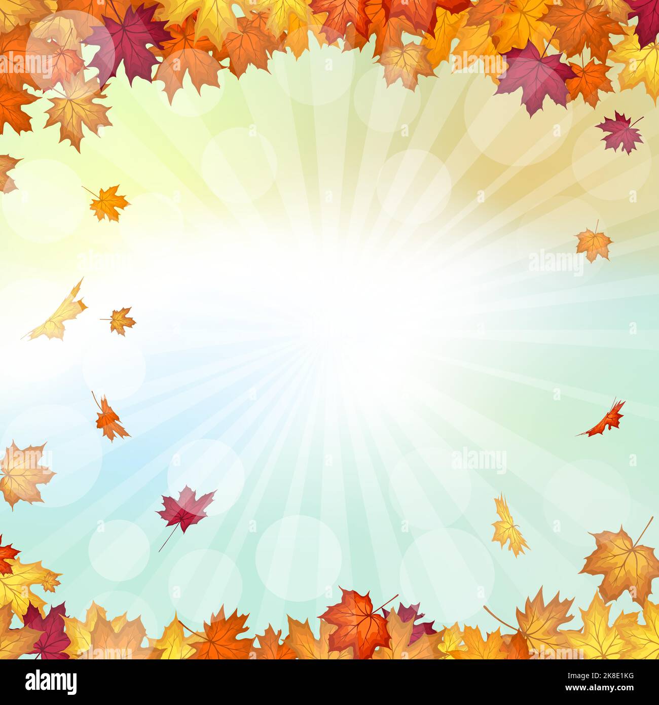 Autumn frame with blowing maple leaves over fall vanilla sky background ...