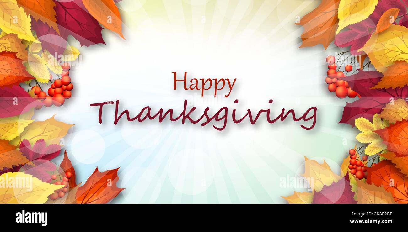 Thanksgiving fall banner with bright autumn leaves over vanilla sky ...