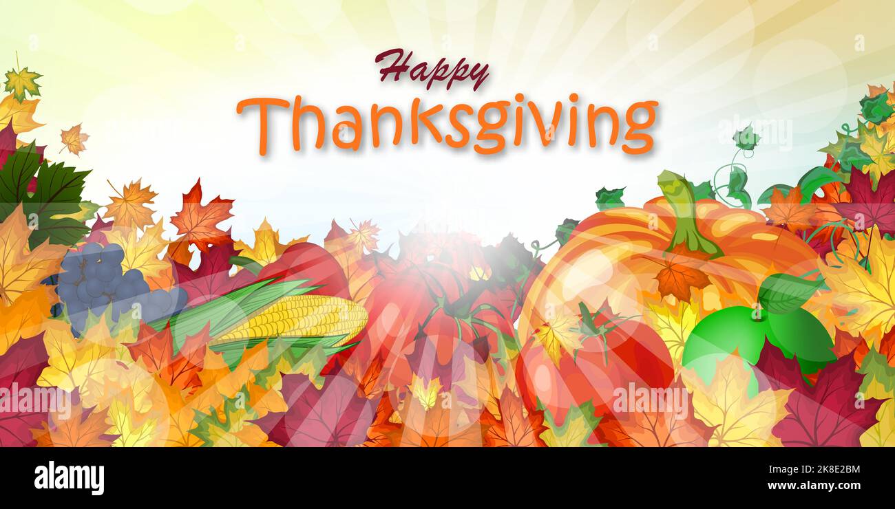 Thanksgiving fall banner with bright autumn leaves over vanilla sky ...
