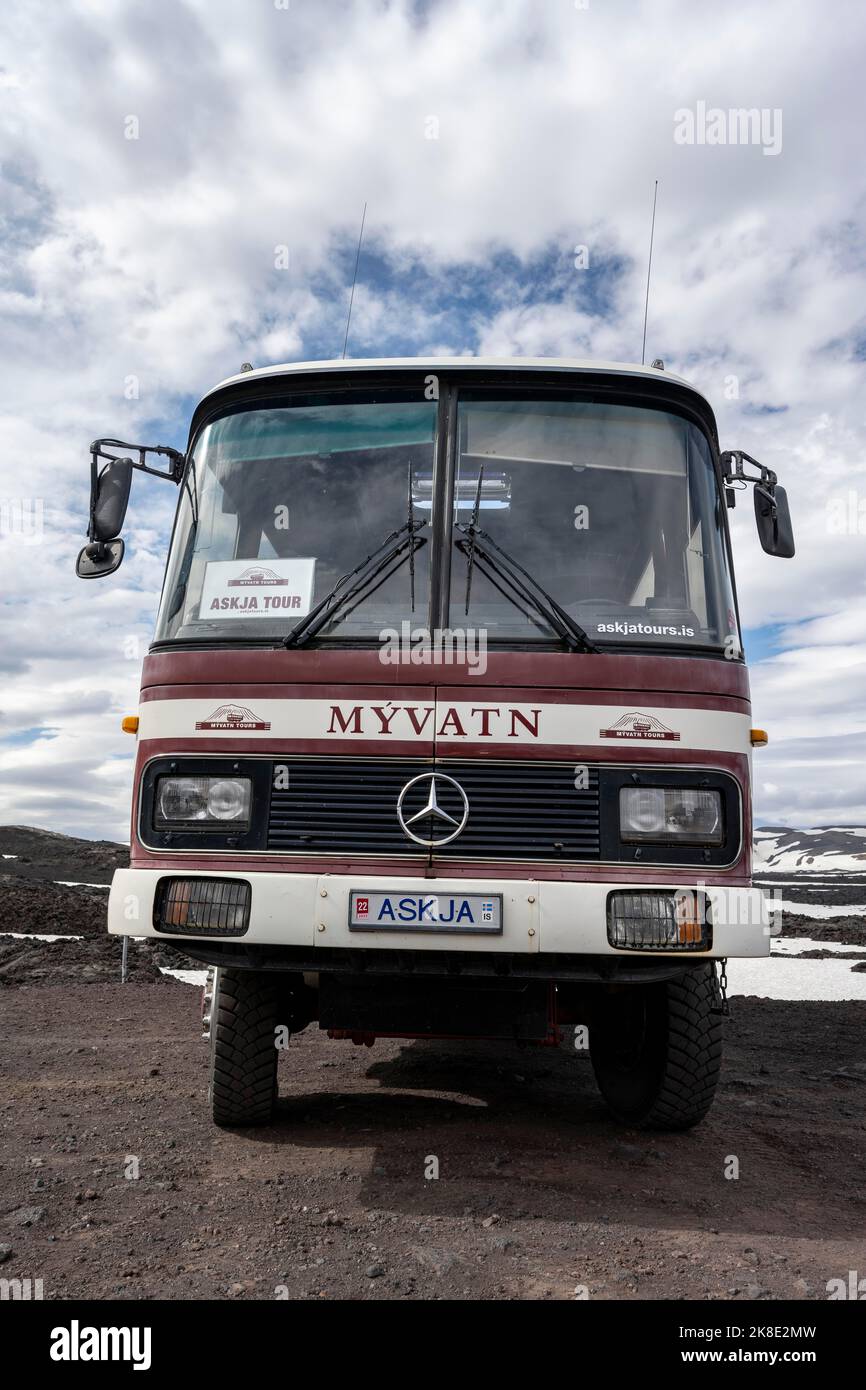 Tourist bus, four-wheel drive bus, Askja Crater, volcanic landscape ...