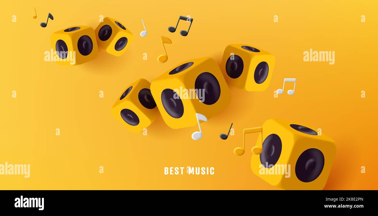 Yellow 3d boom box column, render style cubes with sound amplifyer and ...