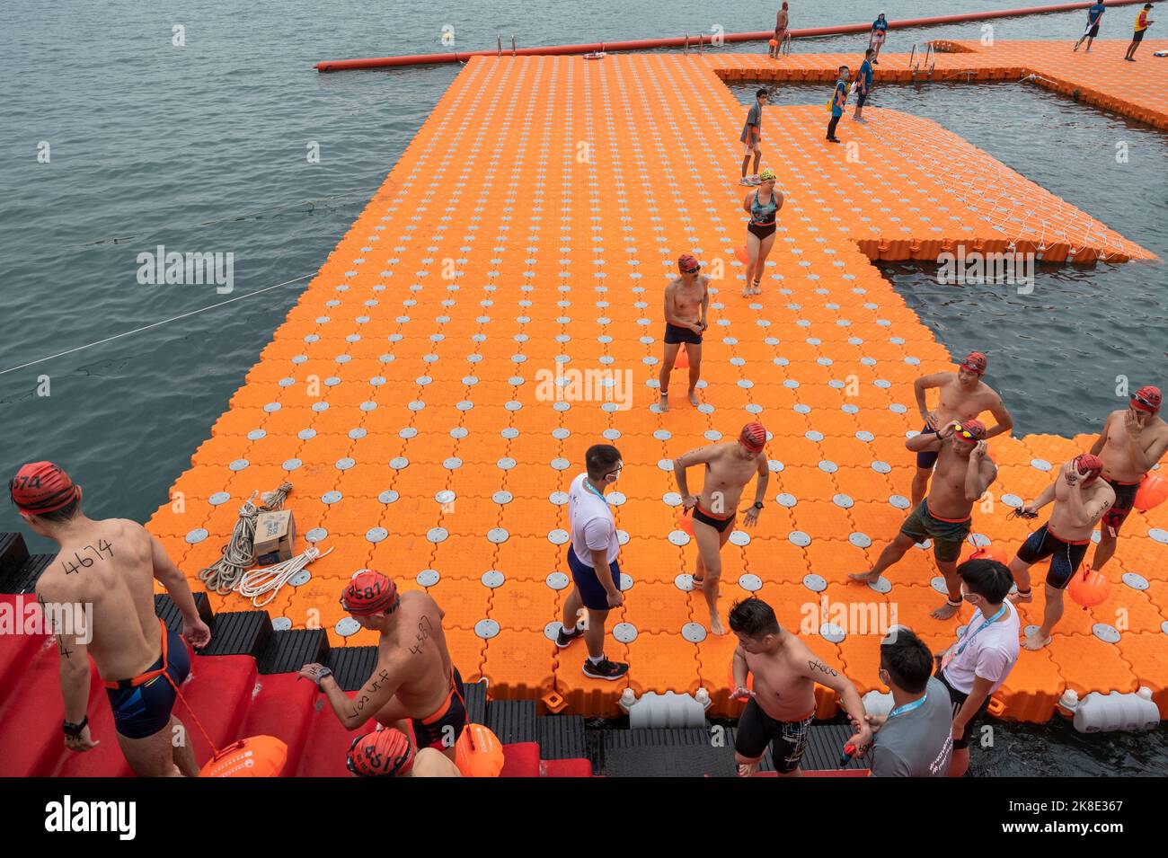 Participants arrive at the finish line during the annual swimming ...