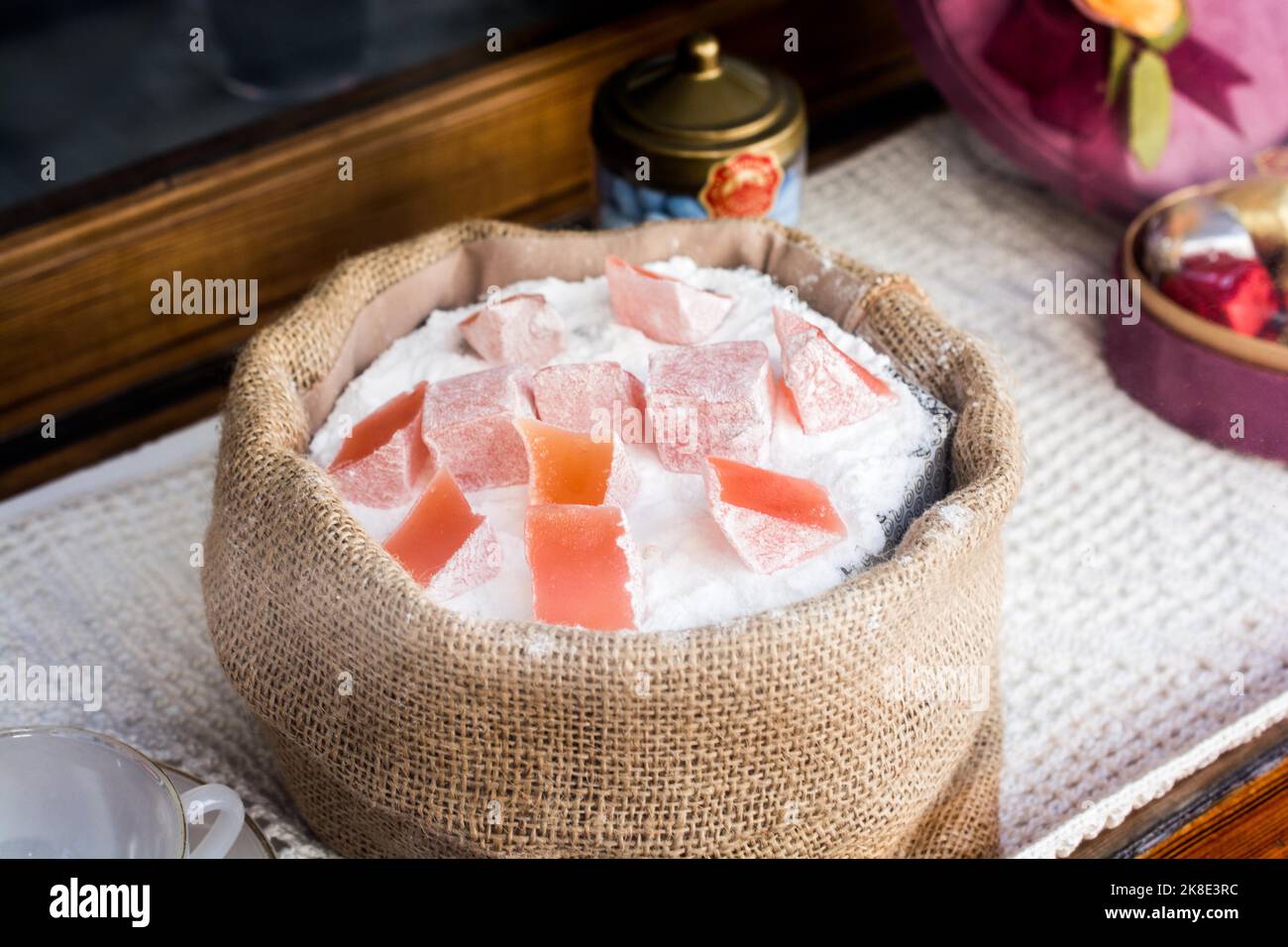 Delicious Turkish delight placed in a linen sack Stock Photo - Alamy