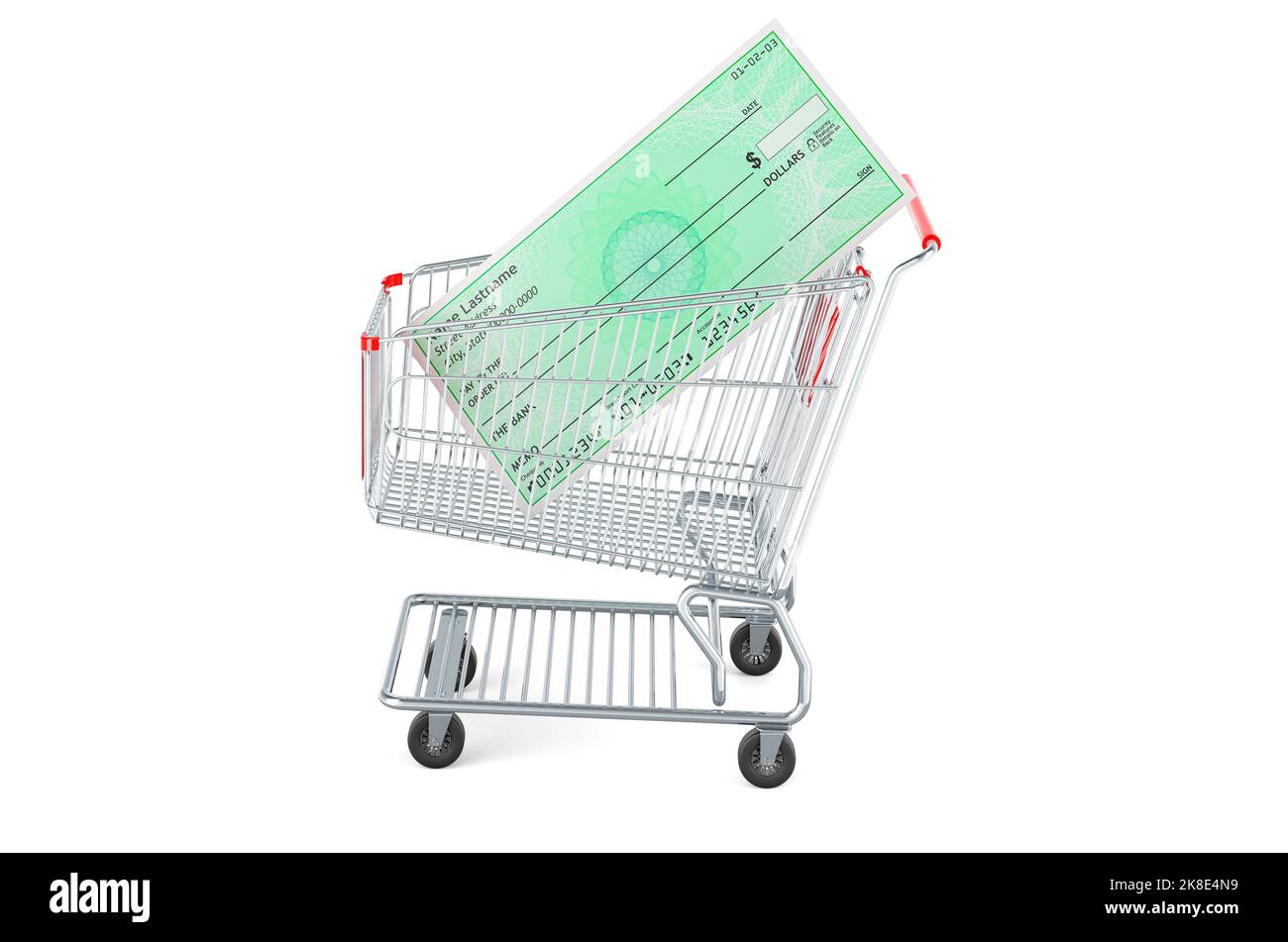 Shopping cart with bank check, 3D rendering isolated on white ...