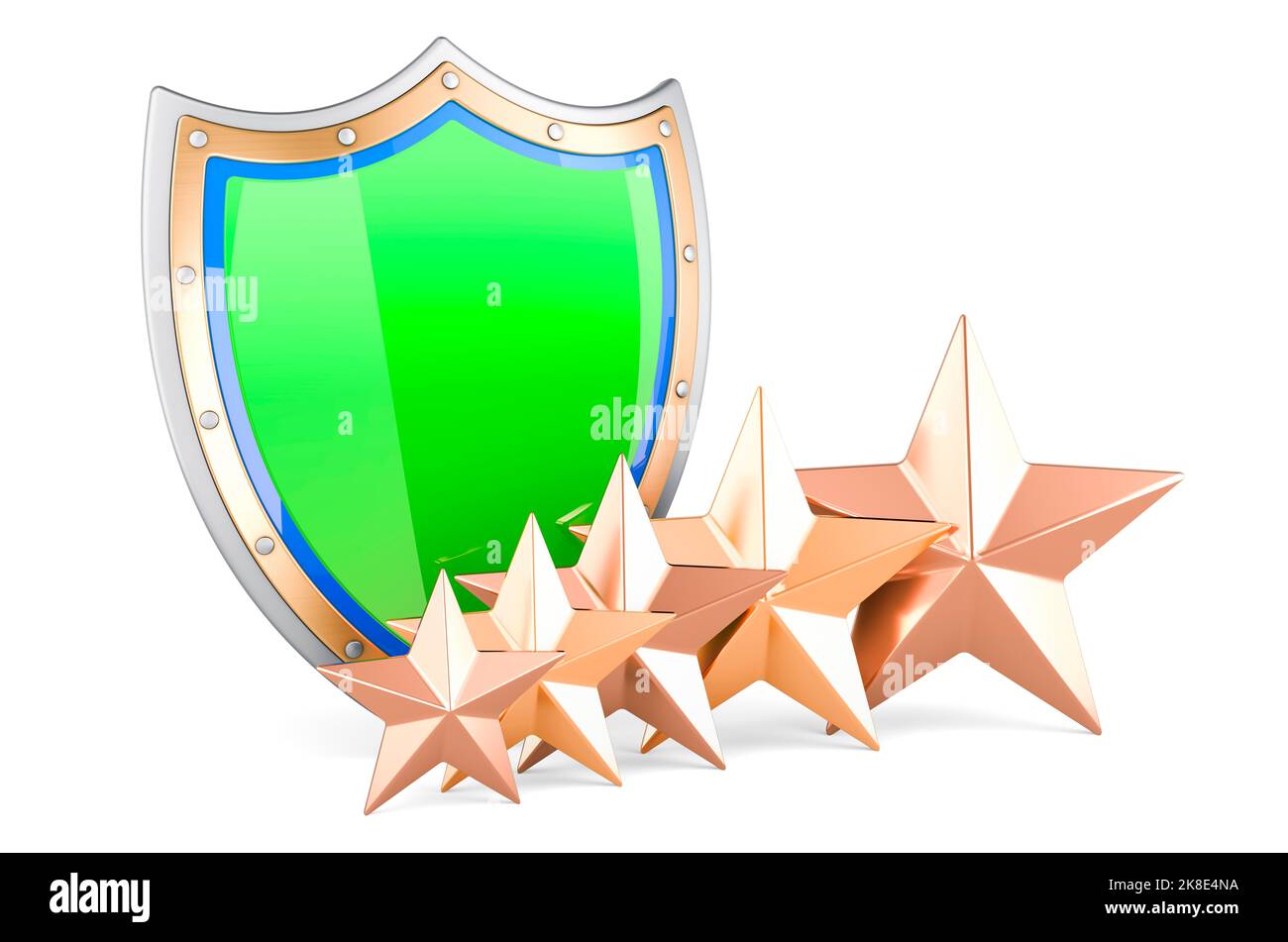 Shield with five golden stars. 3D rendering isolated on white ...