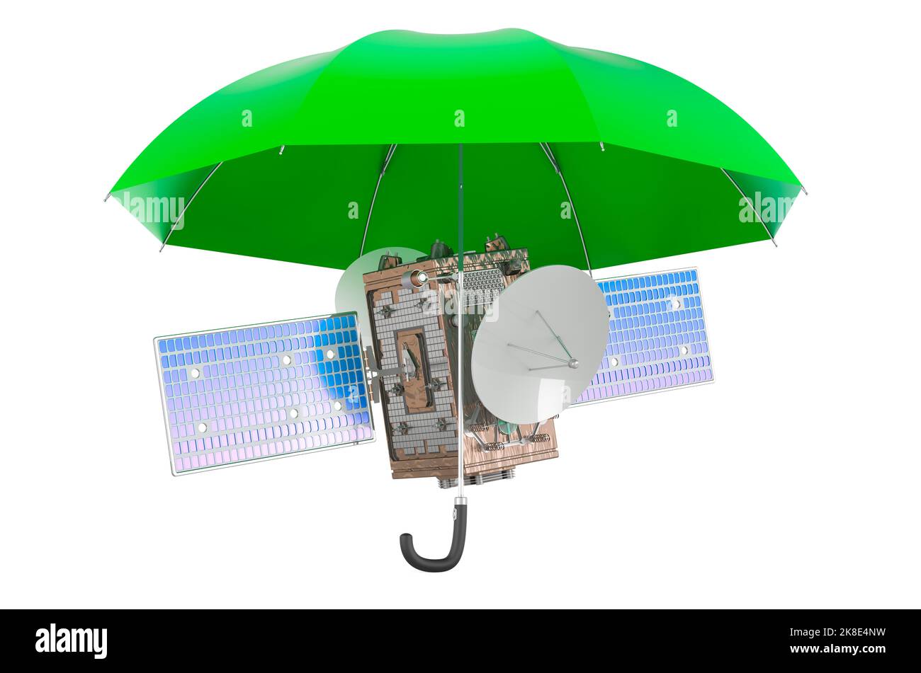 Satellite under umbrella, 3D rendering isolated on white background ...