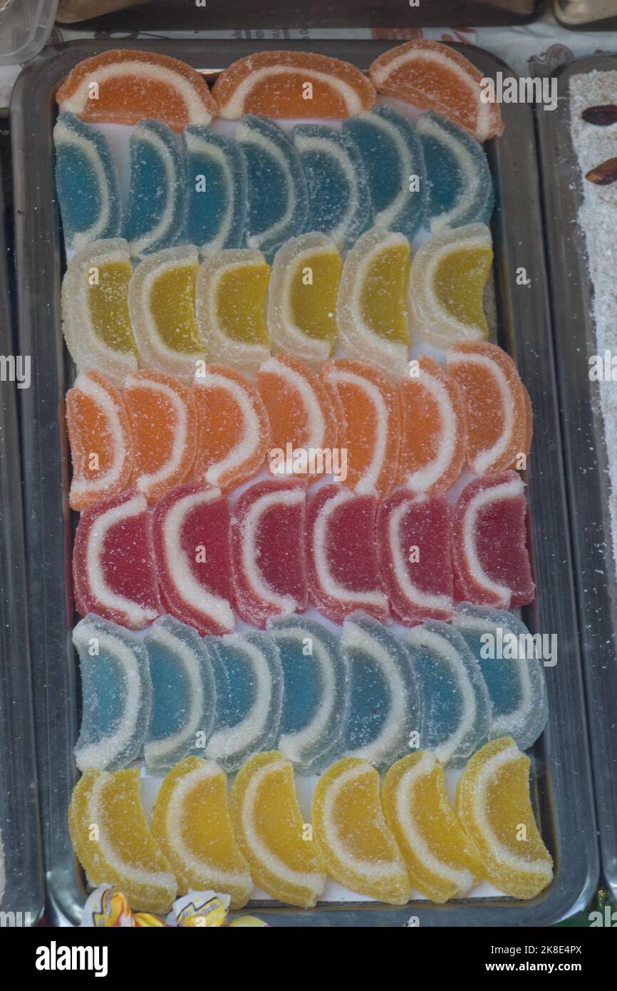 Delicious Turkish delight placed in a metal tray Stock Photo - Alamy