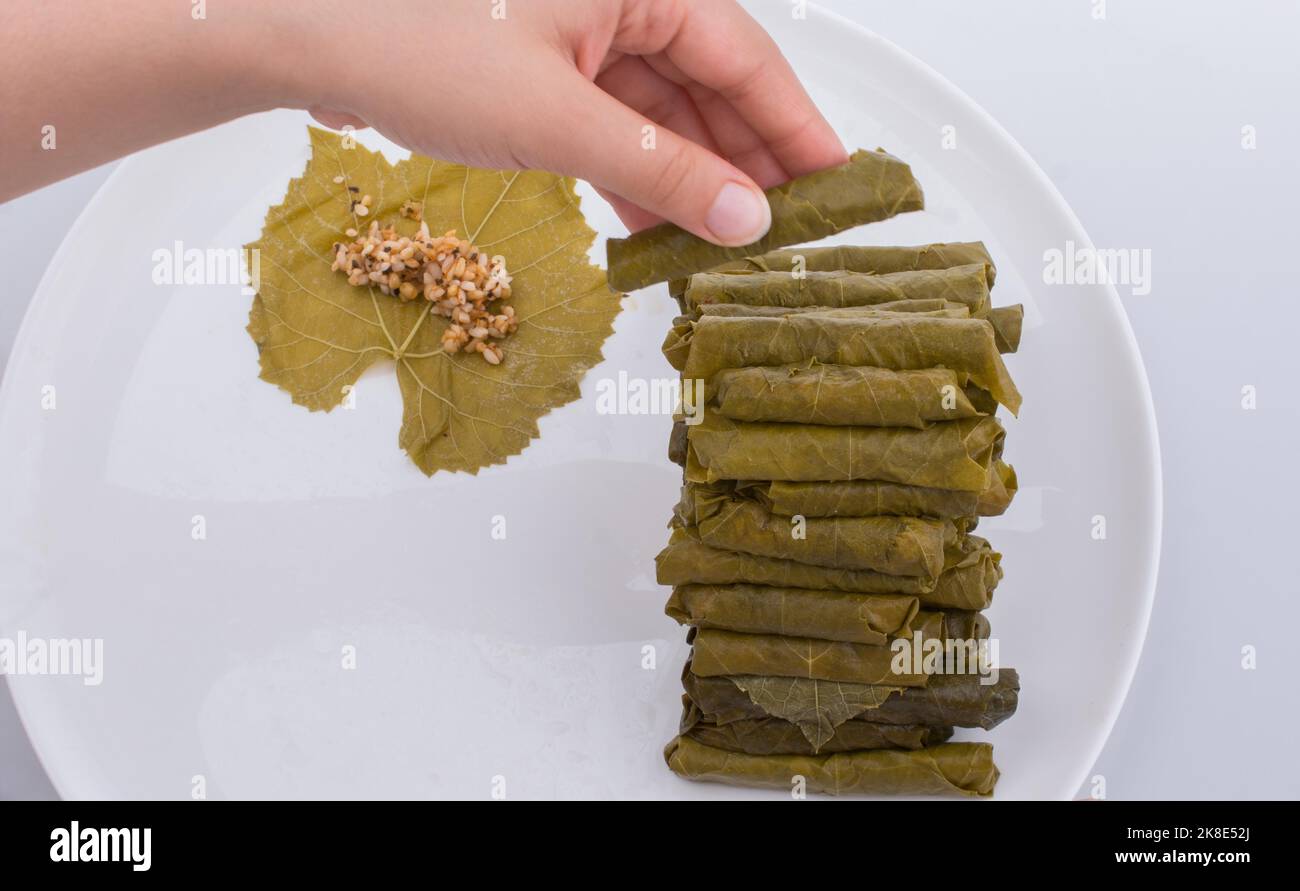 Hands making stuffed grape leaves in Turkish style Stock Photo - Alamy