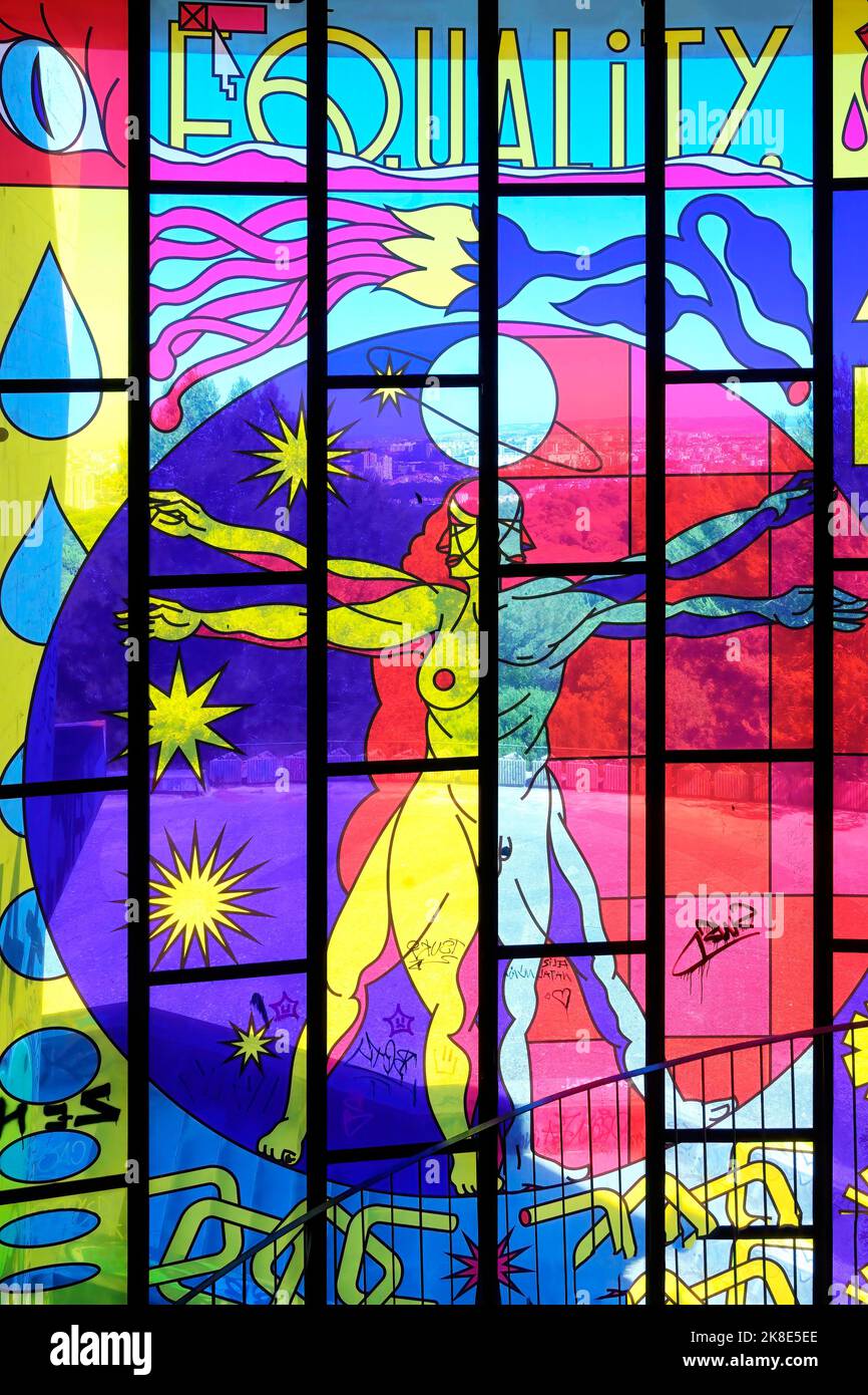 Stained glass window in the entrance of the former Panoramic restaurant ...