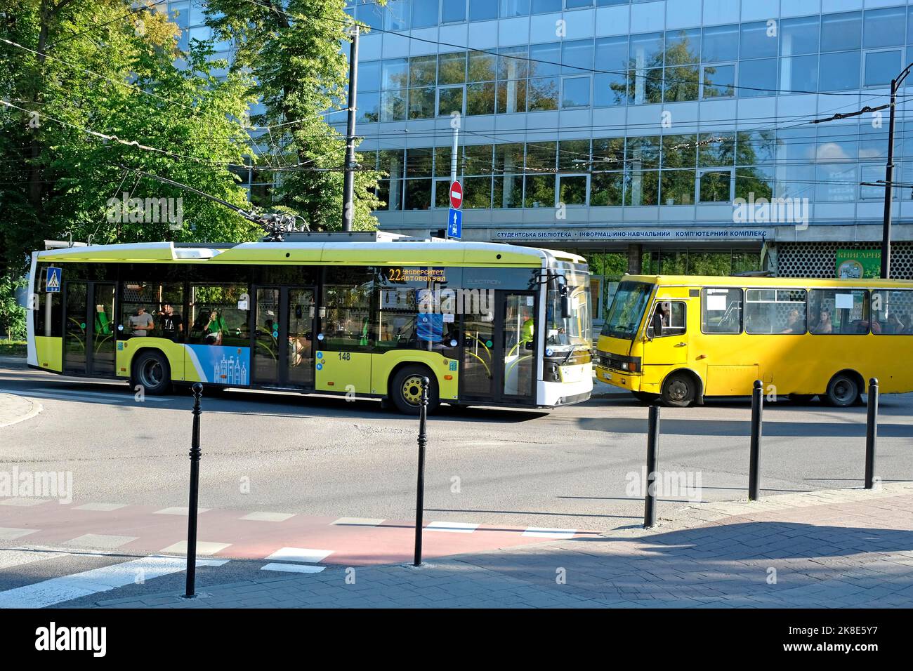 Modern trolley bus and old bus, Lviv, Lviv Oblast, Ukraine Stock Photo ...
