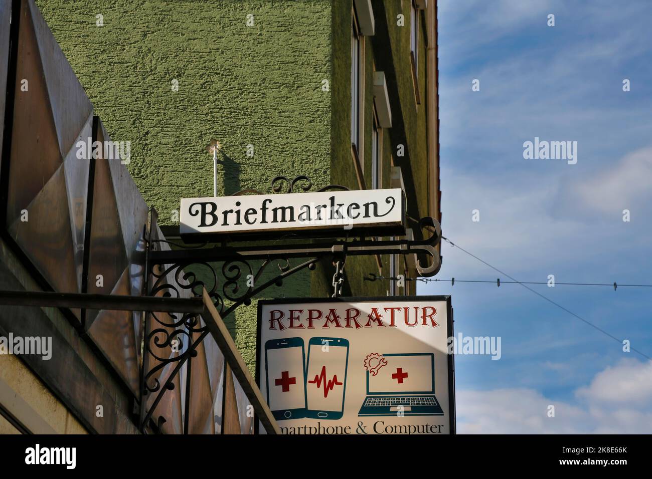 Sign stamps, stamp shop, philately, writing, letters, house facade ...