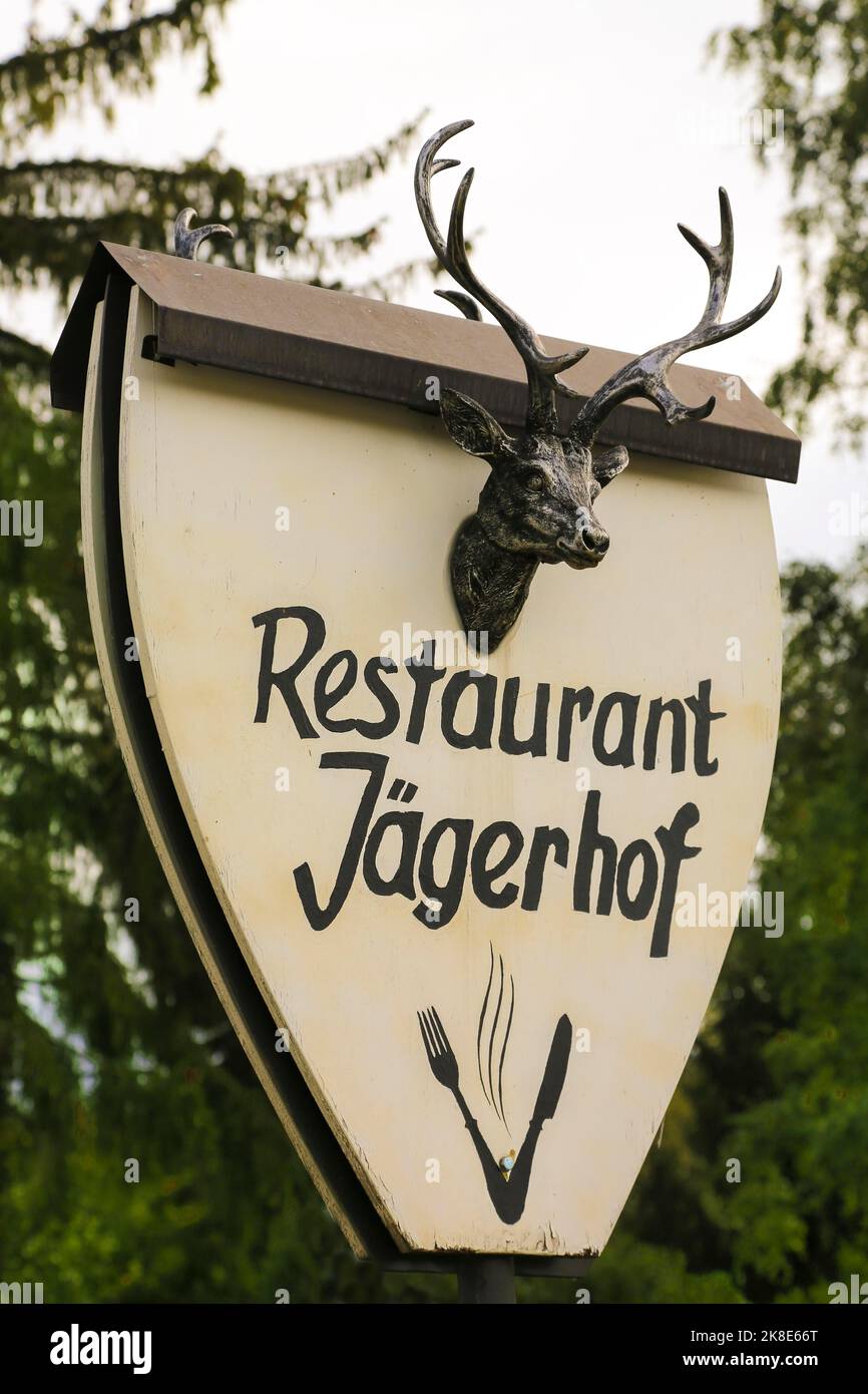 Sign with deer head, deer antlers, restaurant sign Jaegerhof, writing ...