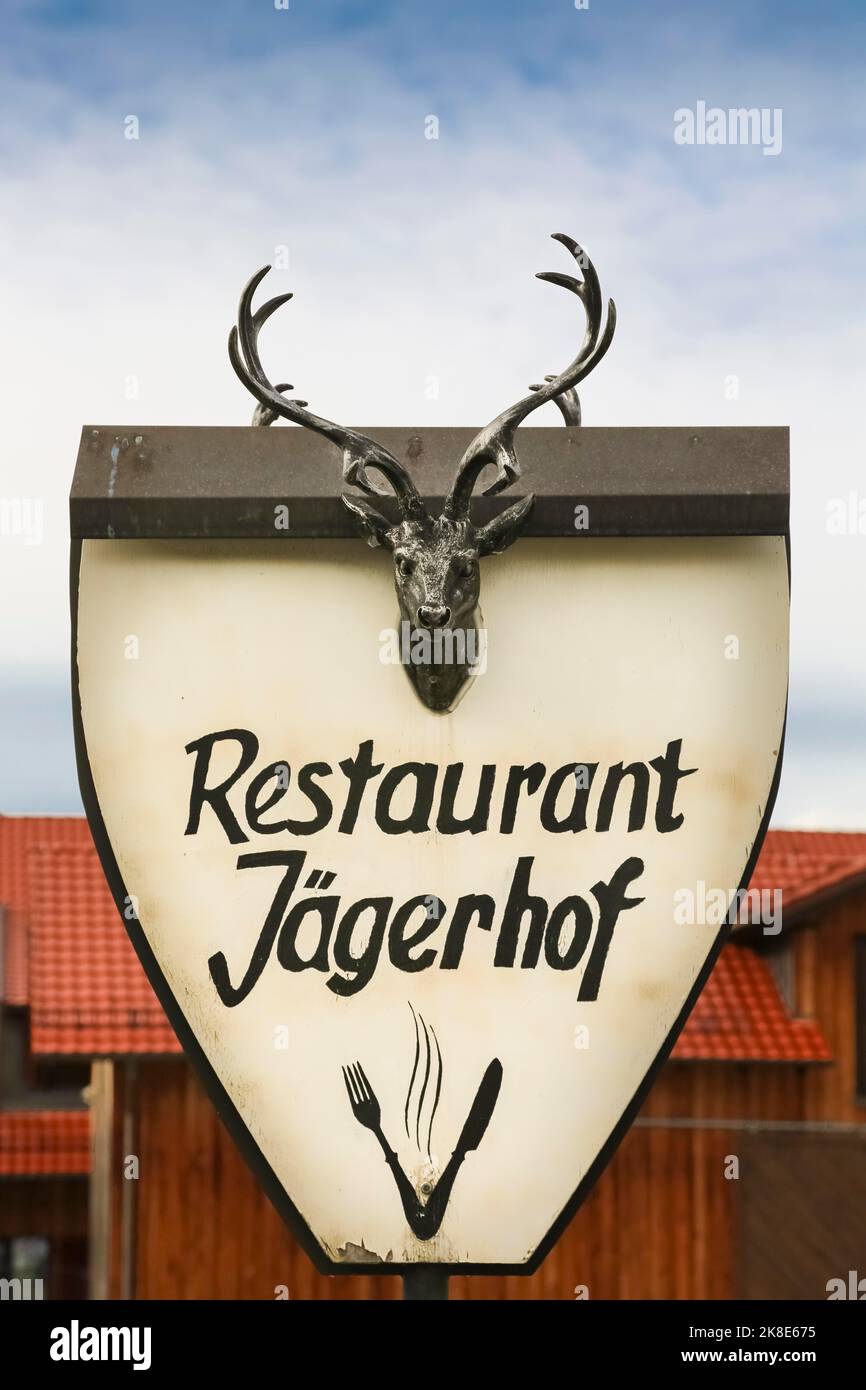 Sign with deer head, deer antlers, restaurant sign Jaegerhof, writing ...