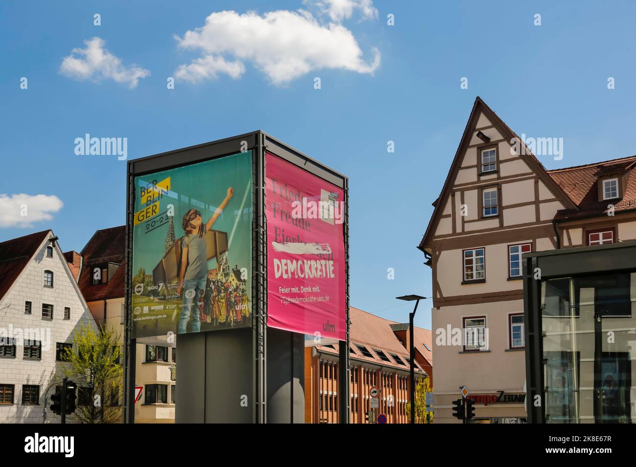 Banner, advertising poster, Berblinger und Demokratie, houses ...