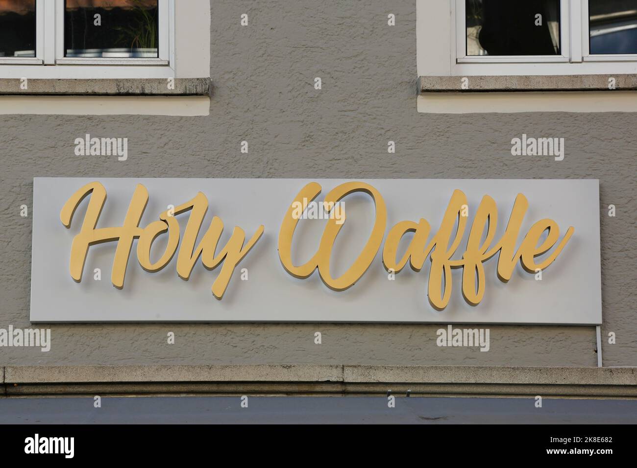 Lettering on house facade, golden lettering Holy Waffle, Waffle ...