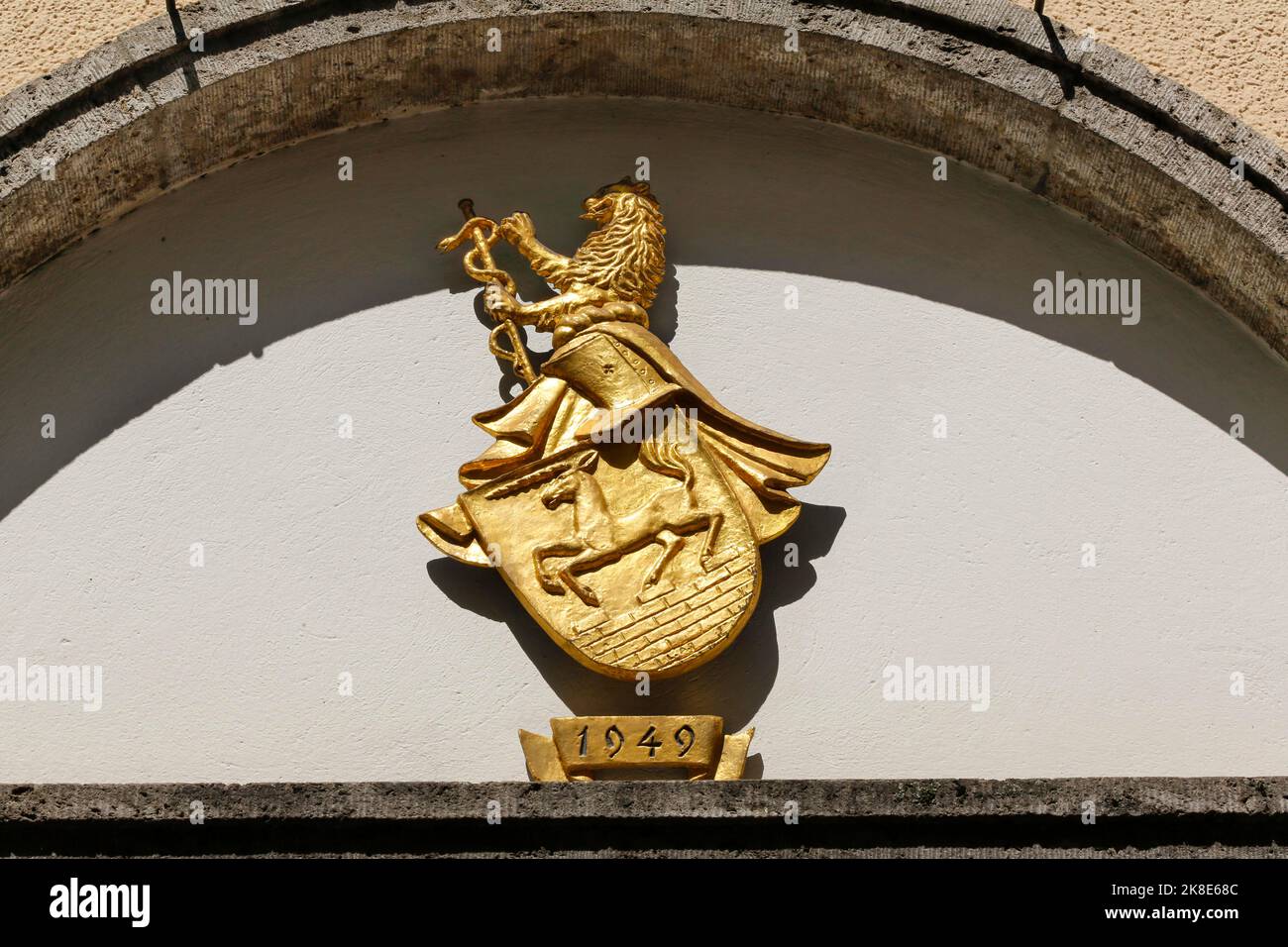 Golden lion with sceptre and coiling snake, coat of arms, emblem of the ...