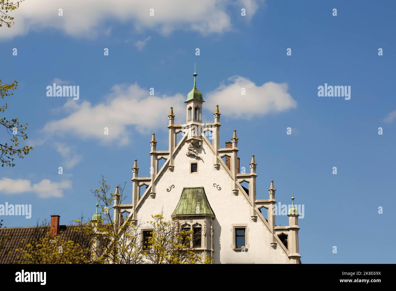 House with stone figure and turret, Muensterplatz corner Hafenbad ...