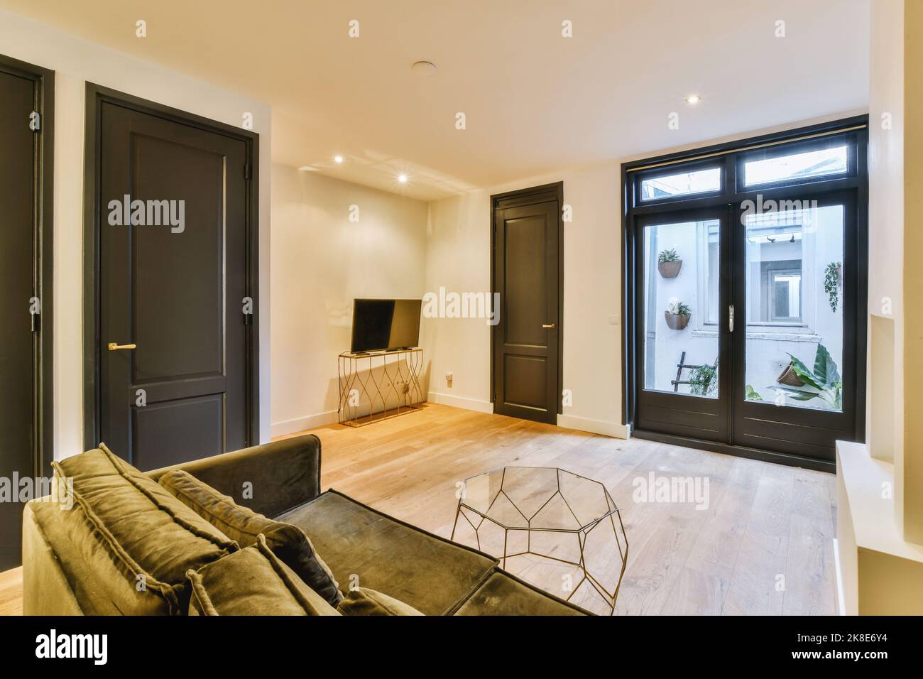 Interior design of modern minimalist style living room with large ...