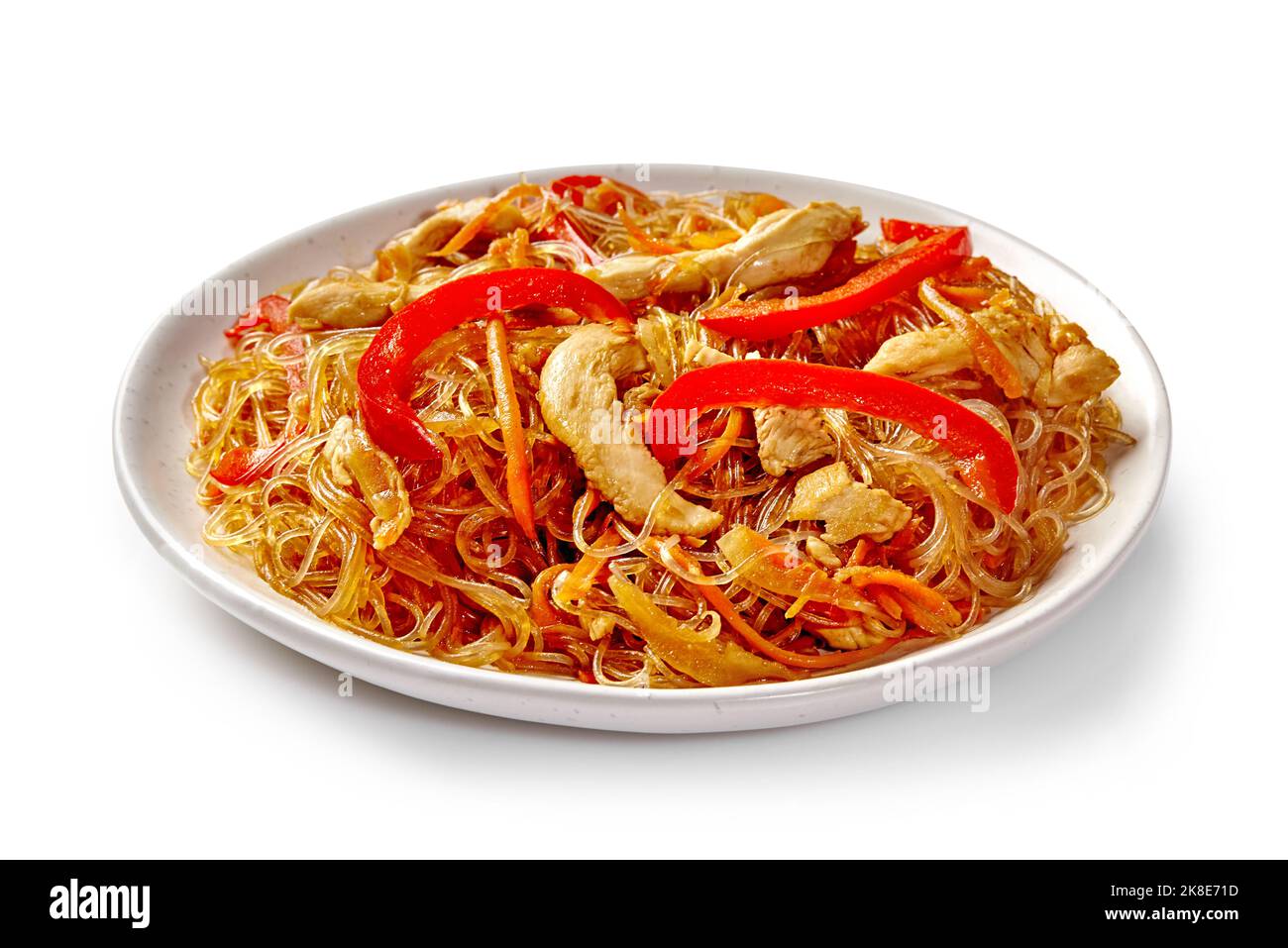 Chinese rice noodles with veal, bell peppers and carrots cooked in stir ...