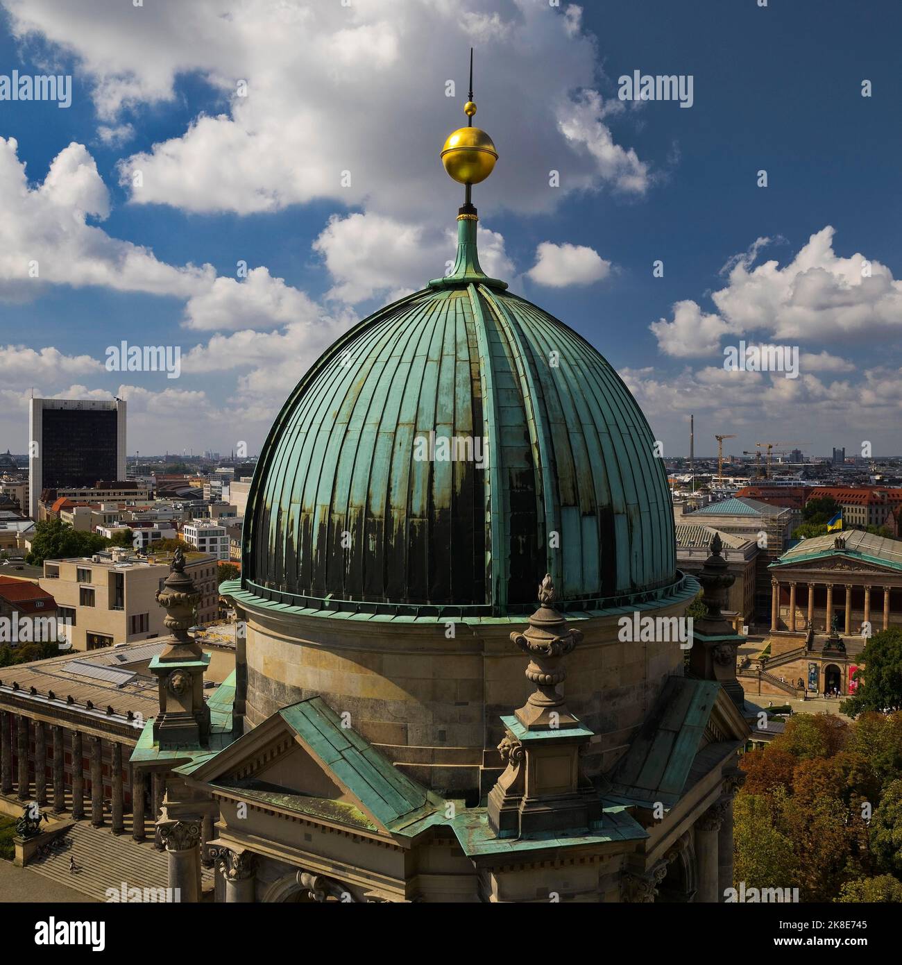 Elevated view of a dome of the Berlin Cathedral and Museum Island ...