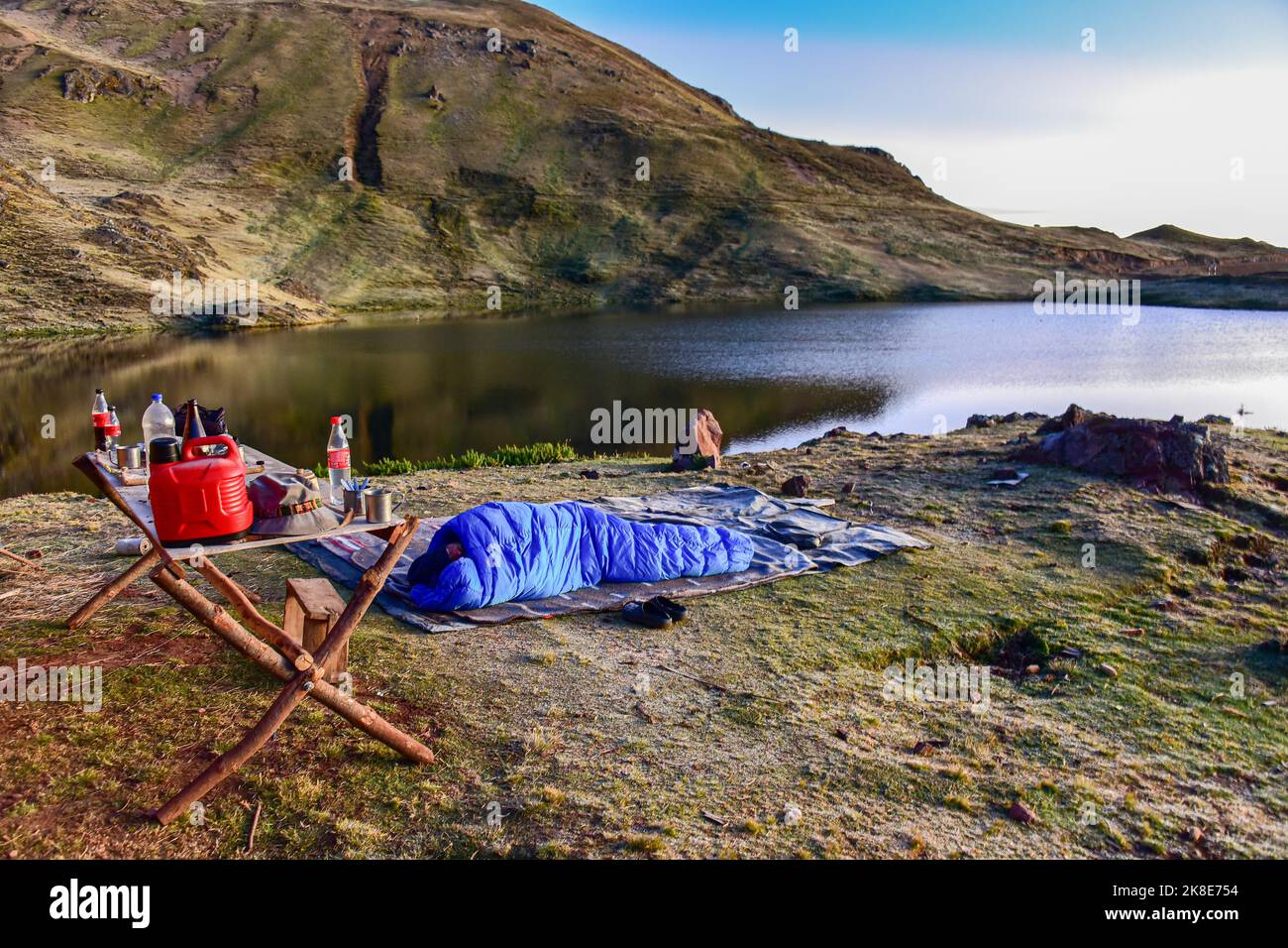 Outdoor overnight stay in a sleeping bag in the Peruvian highlands ...