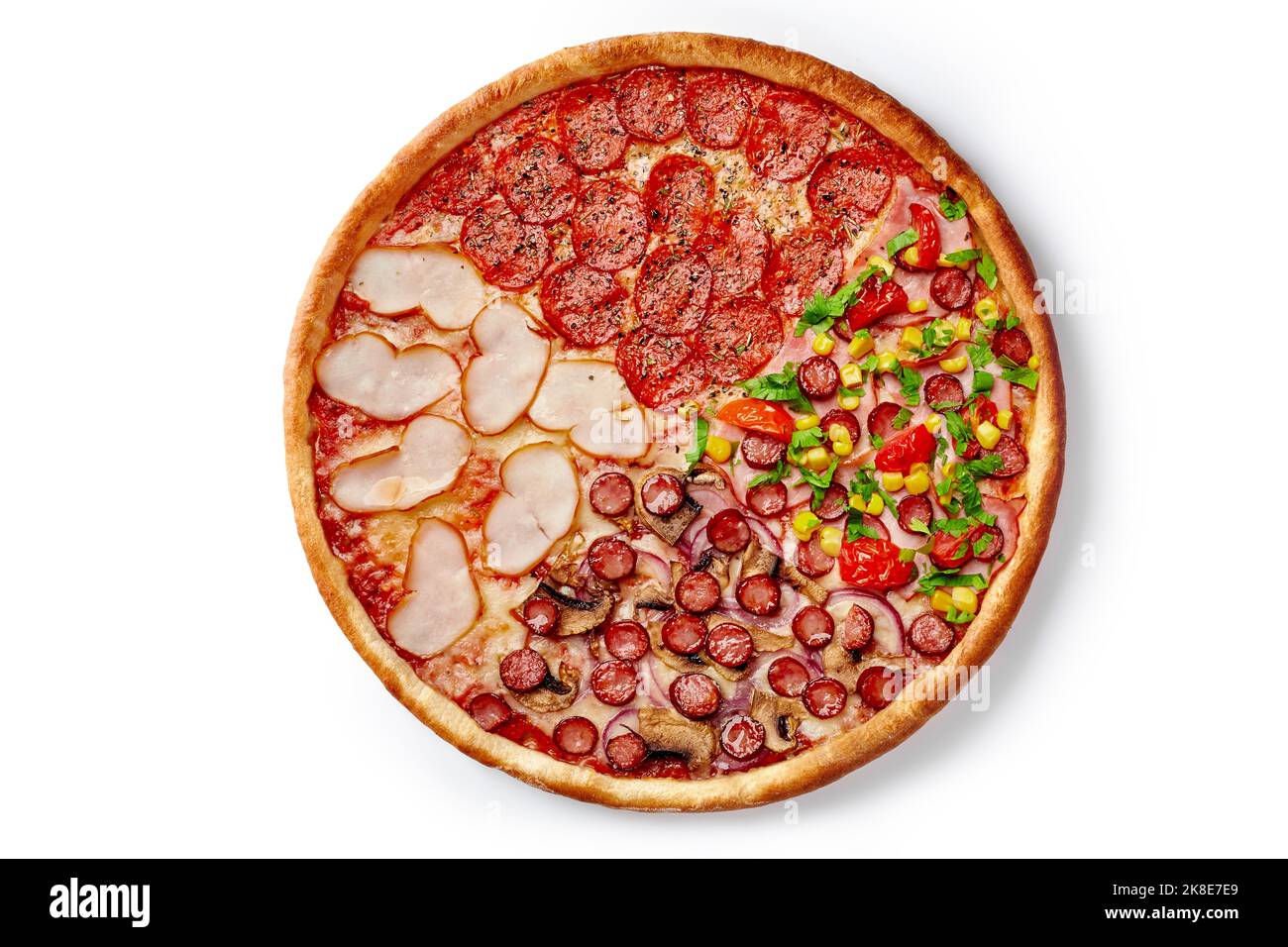 Pizza with four types of toppings of mozzarella, pepperoni, smoked ...