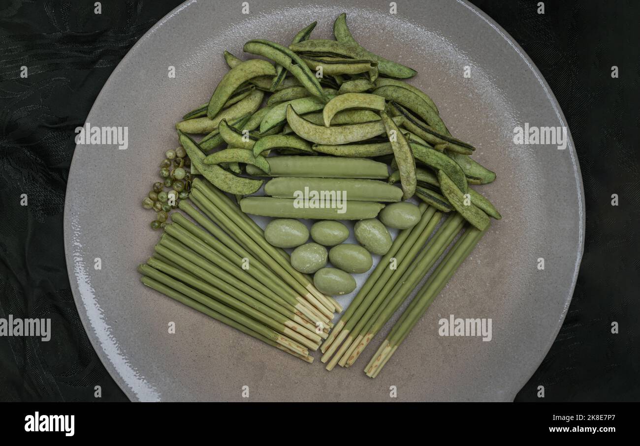 Composition of green snacks in assortment with different tastes and ...