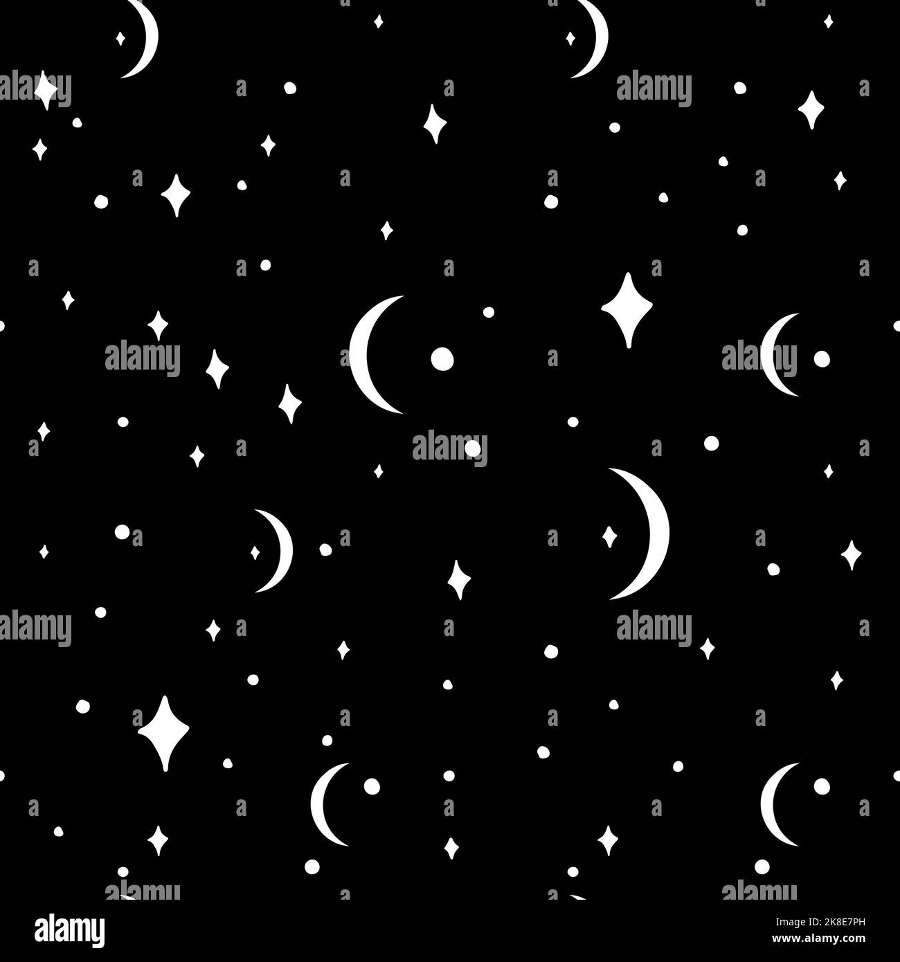 Monochrome Seamless Pattern With White Stars And Crescent Moons On Black Background Stock Vector