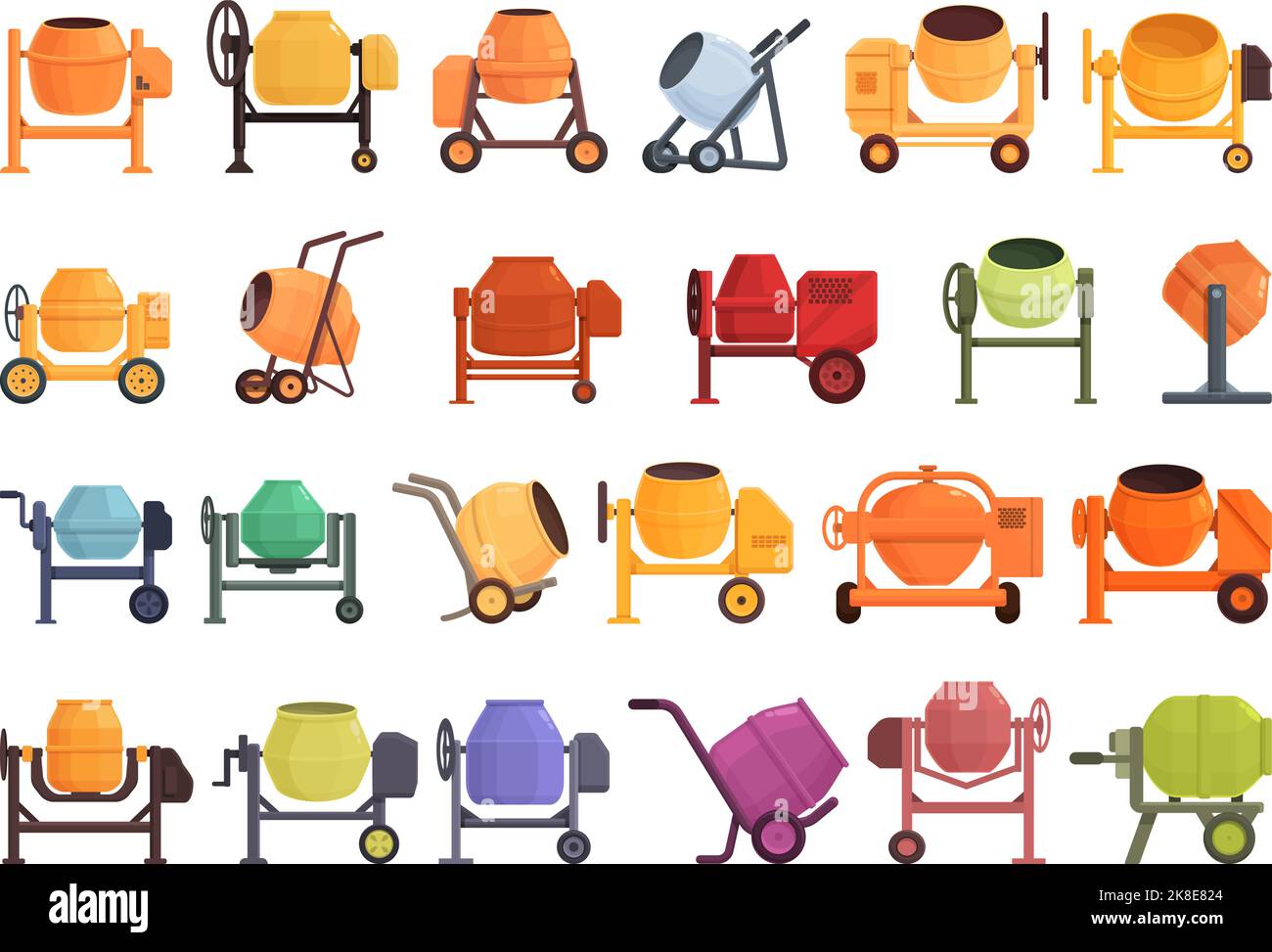 Cement mixer icons set cartoon vector. Concrete material. Worker mix ...