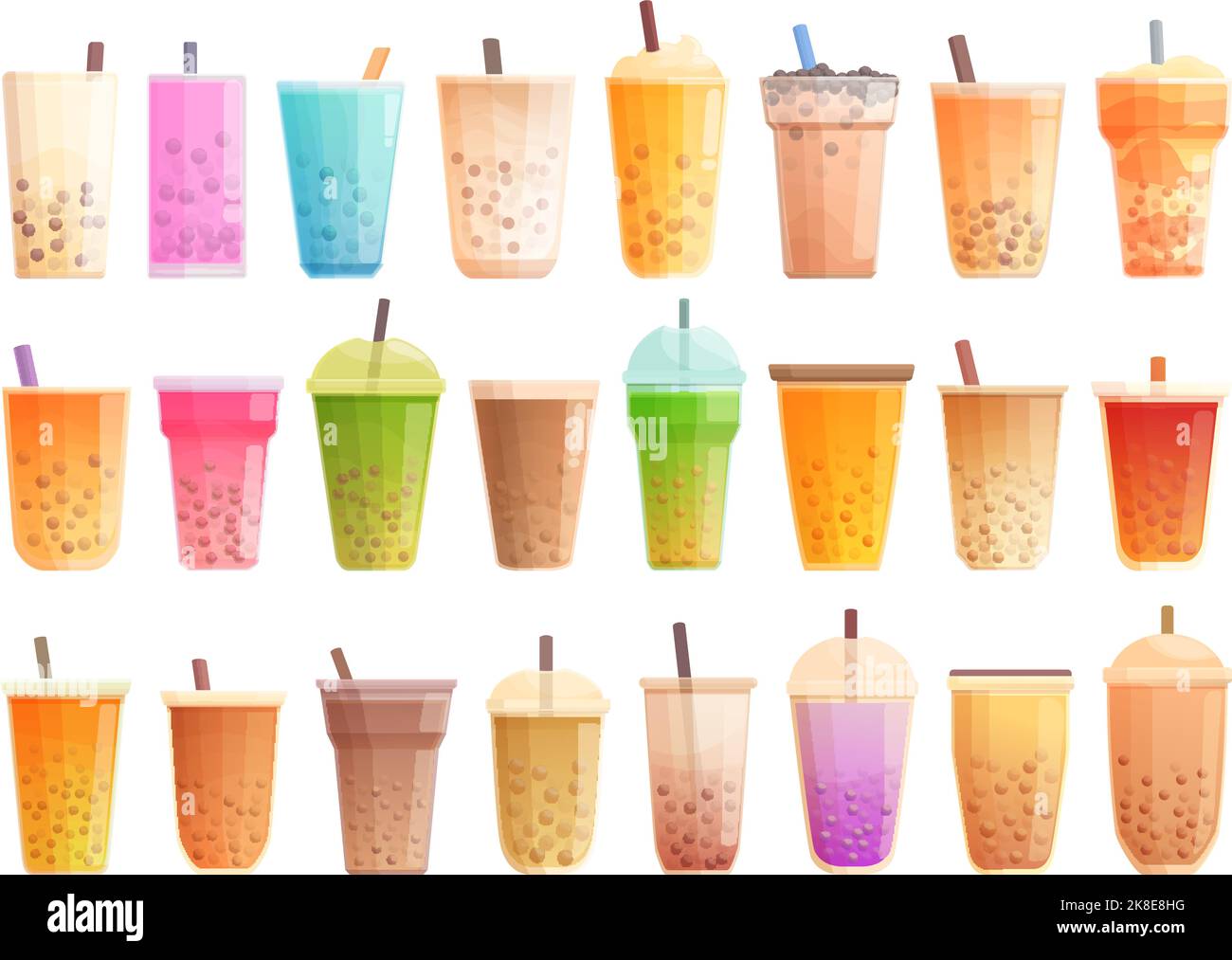 Bubble tea icons set cartoon vector. Asian balls. Beverage cups Stock ...