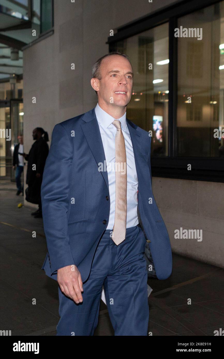 Dominic Raab leaves BBC Broadcasting House in London, after appearing ...