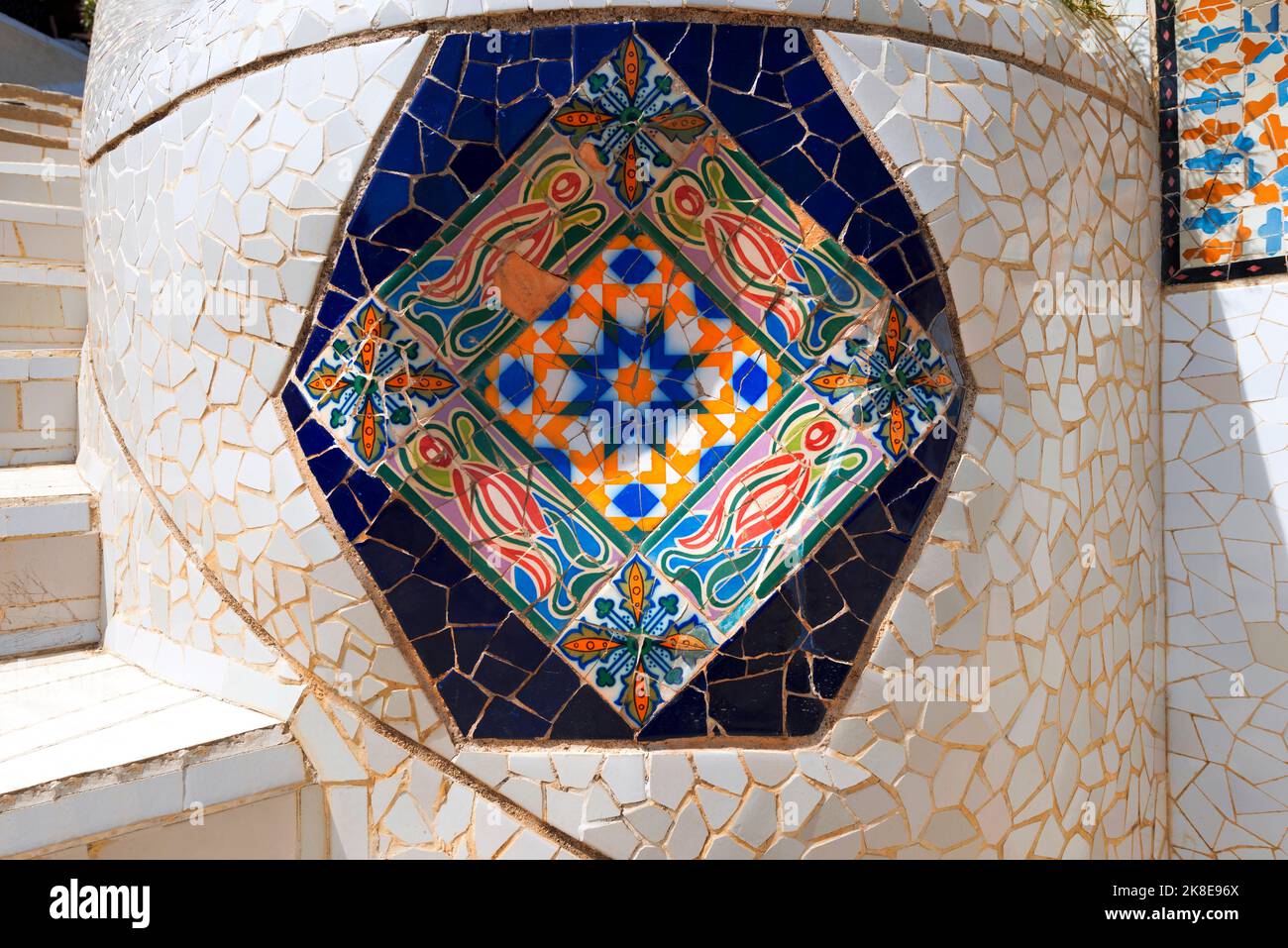BARCELONA, SPAIN - JUNE 10, 2014: Details of a colorful ceramic in the ...