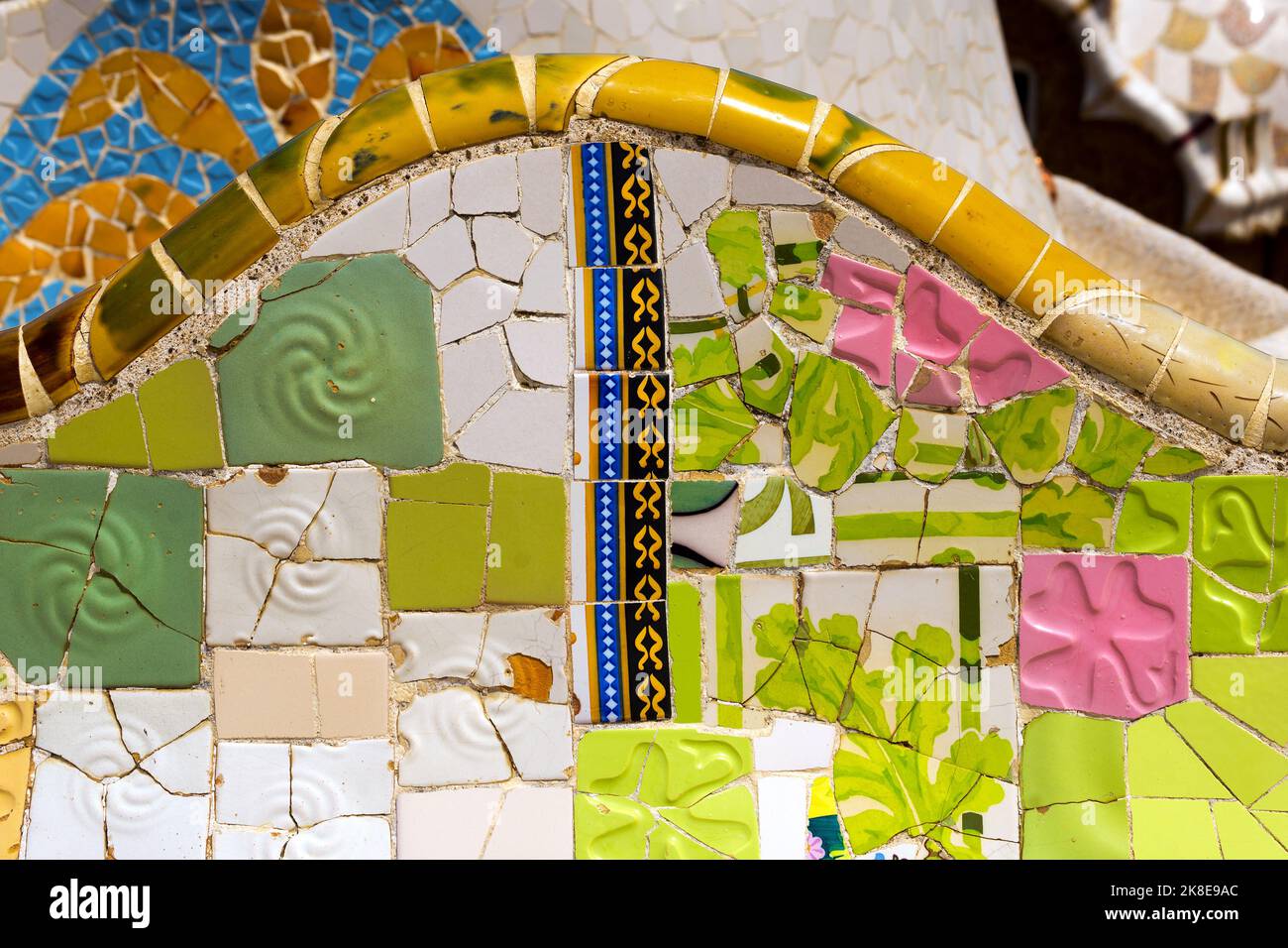 Barcelona. Detail of a ceramic bench in the Park Guell designed by the ...