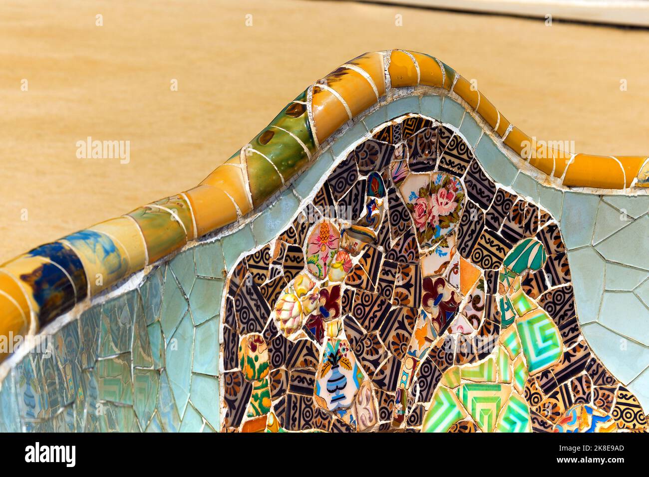 Barcelona. Detail of a ceramic bench in the Park Guell designed by the ...