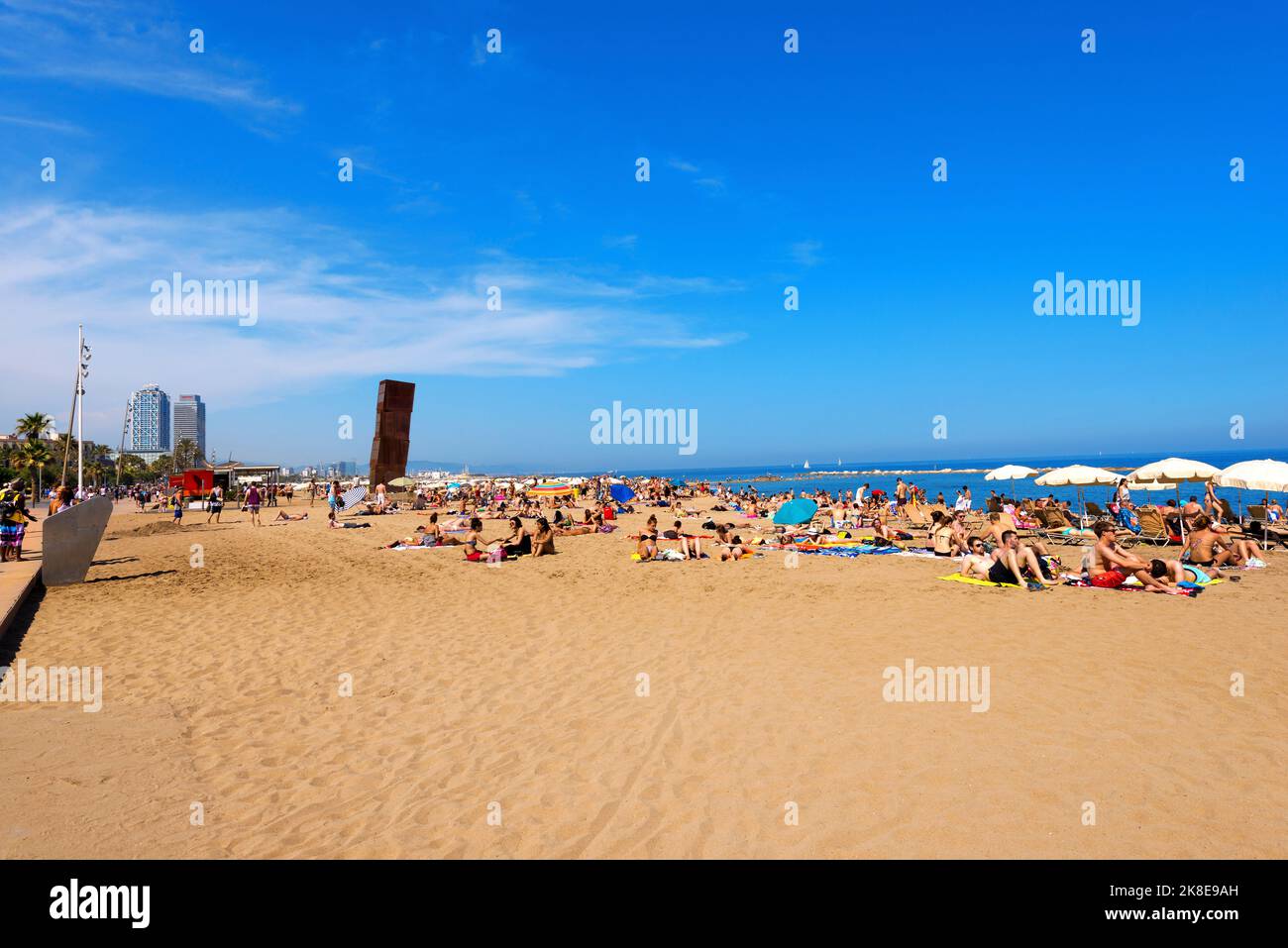 Barcelona, Spain - June 11, 2014: View of Barceloneta Beach in ...