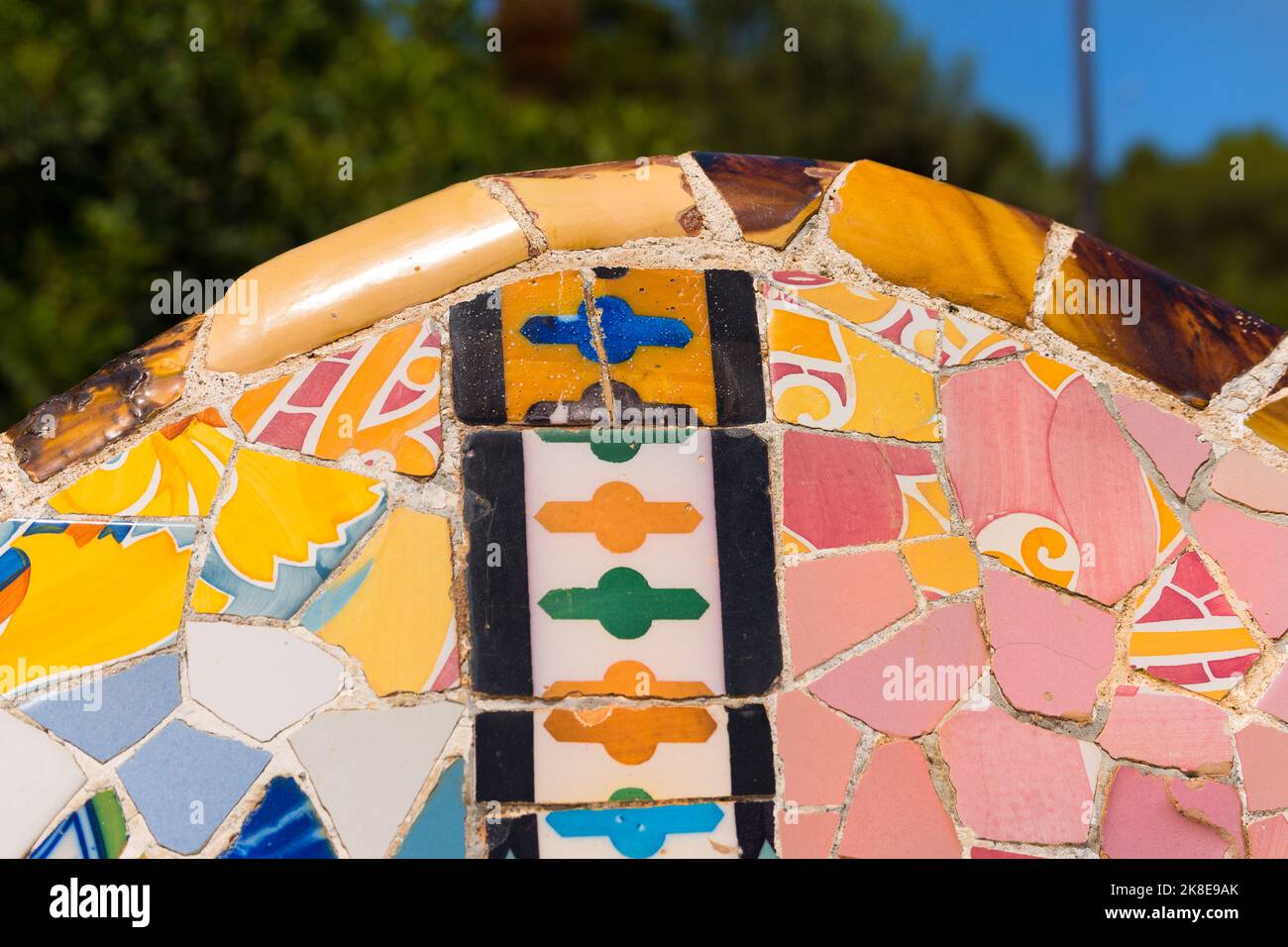 Barcelona. Detail of a ceramic bench in the Park Guell designed by the ...