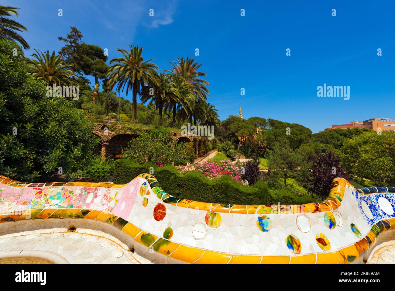Barcelona. Detail of a ceramic bench in the Park Guell designed by the ...