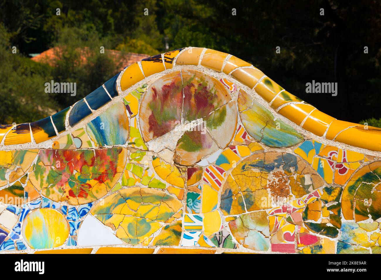 Barcelona. Detail of a ceramic bench in the Park Guell designed by the ...