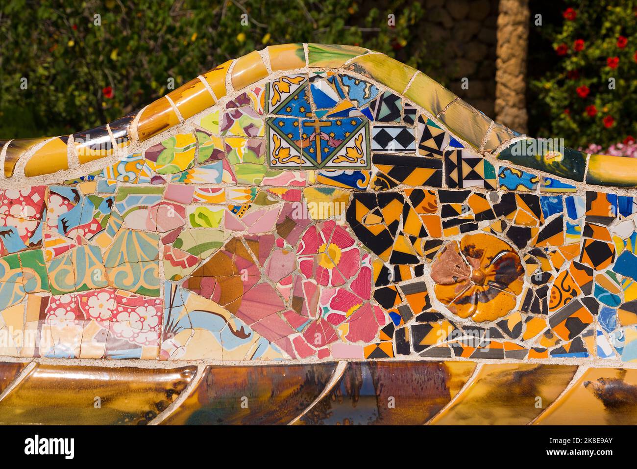 Barcelona. Detail of a ceramic bench in the Park Guell designed by the ...