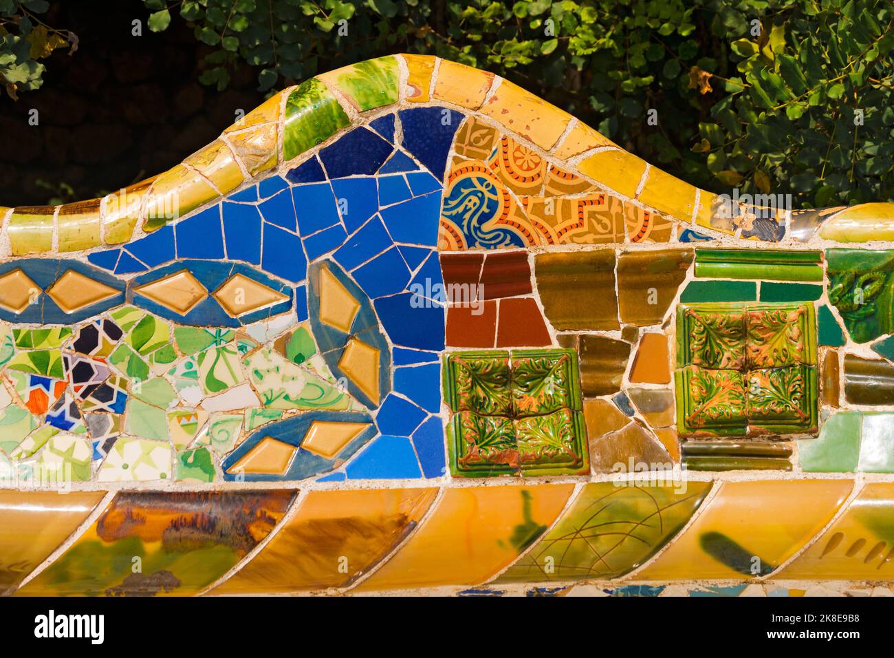 Barcelona. Detail of a ceramic bench in the Park Guell designed by the ...