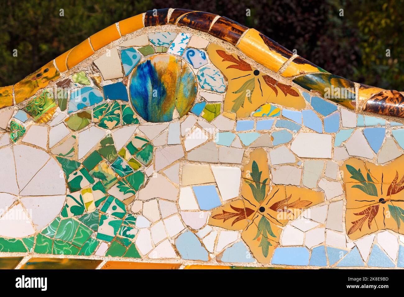 Barcelona. Detail of a ceramic bench in the Park Guell designed by the ...